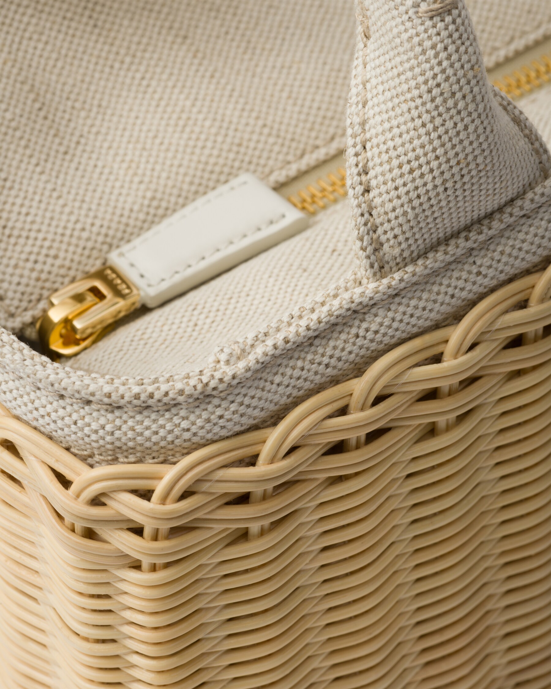 Tan/white Medium Wicker And Linen Blend Tote Bag | PRADA