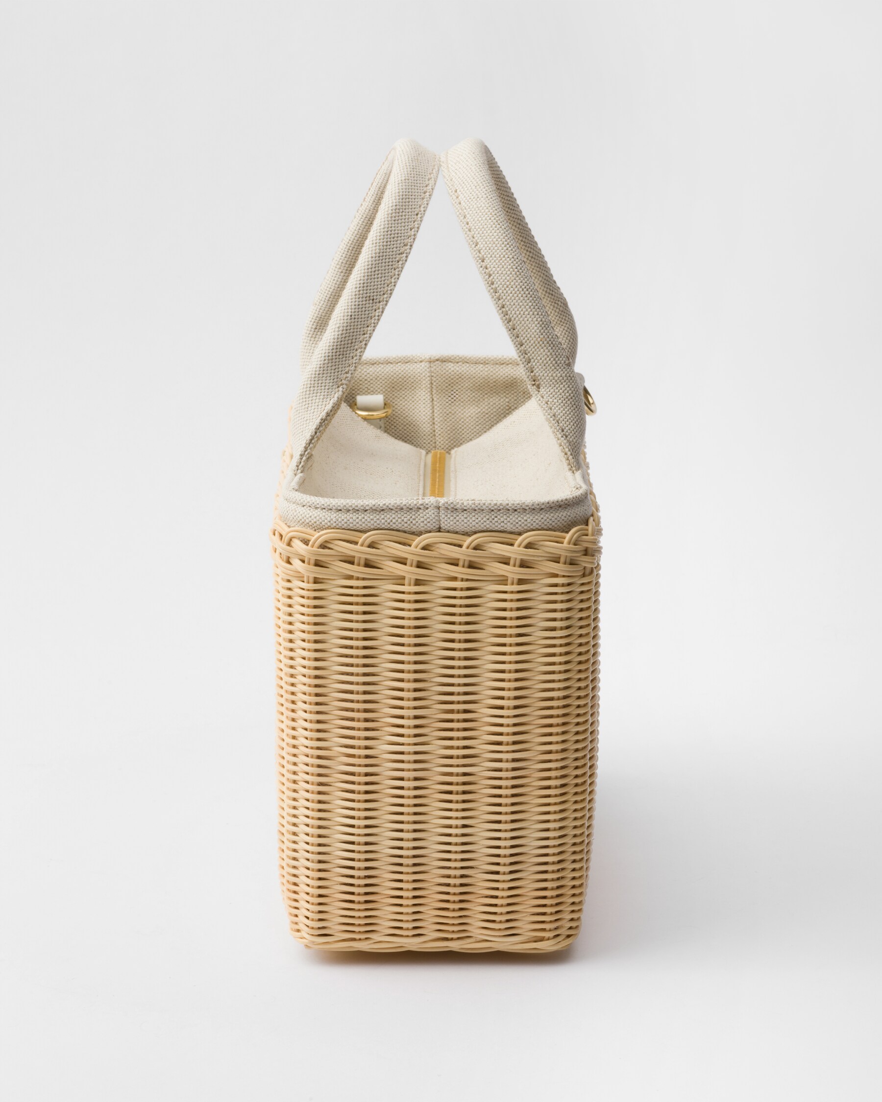 Tan/white Medium Wicker And Linen Blend Tote Bag | PRADA