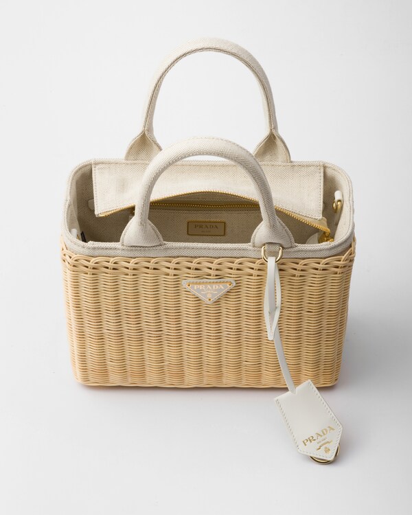 Tan/white Medium Wicker And Linen Blend Tote Bag | PRADA