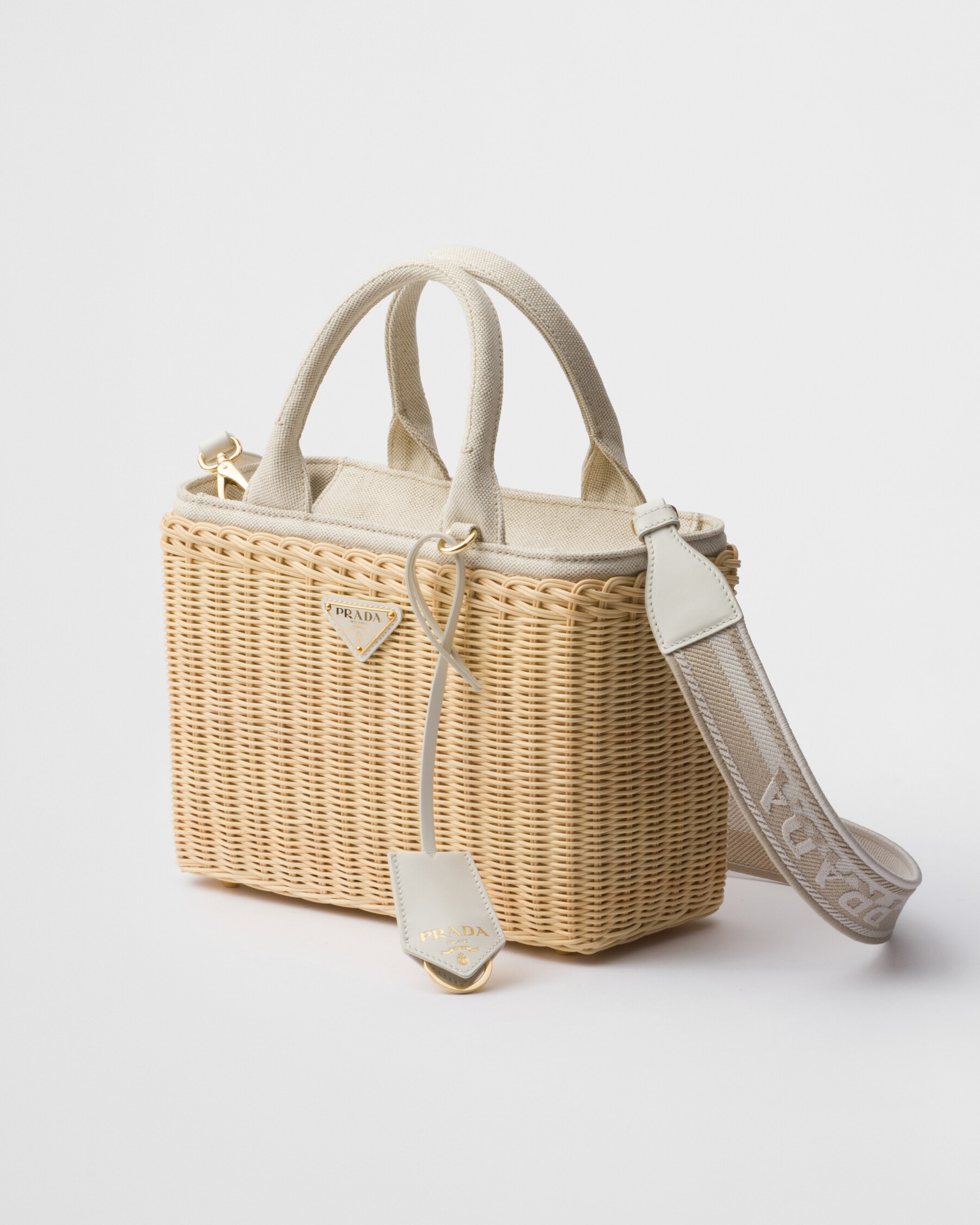 Tan/white Medium Wicker And Linen Blend Tote Bag | PRADA