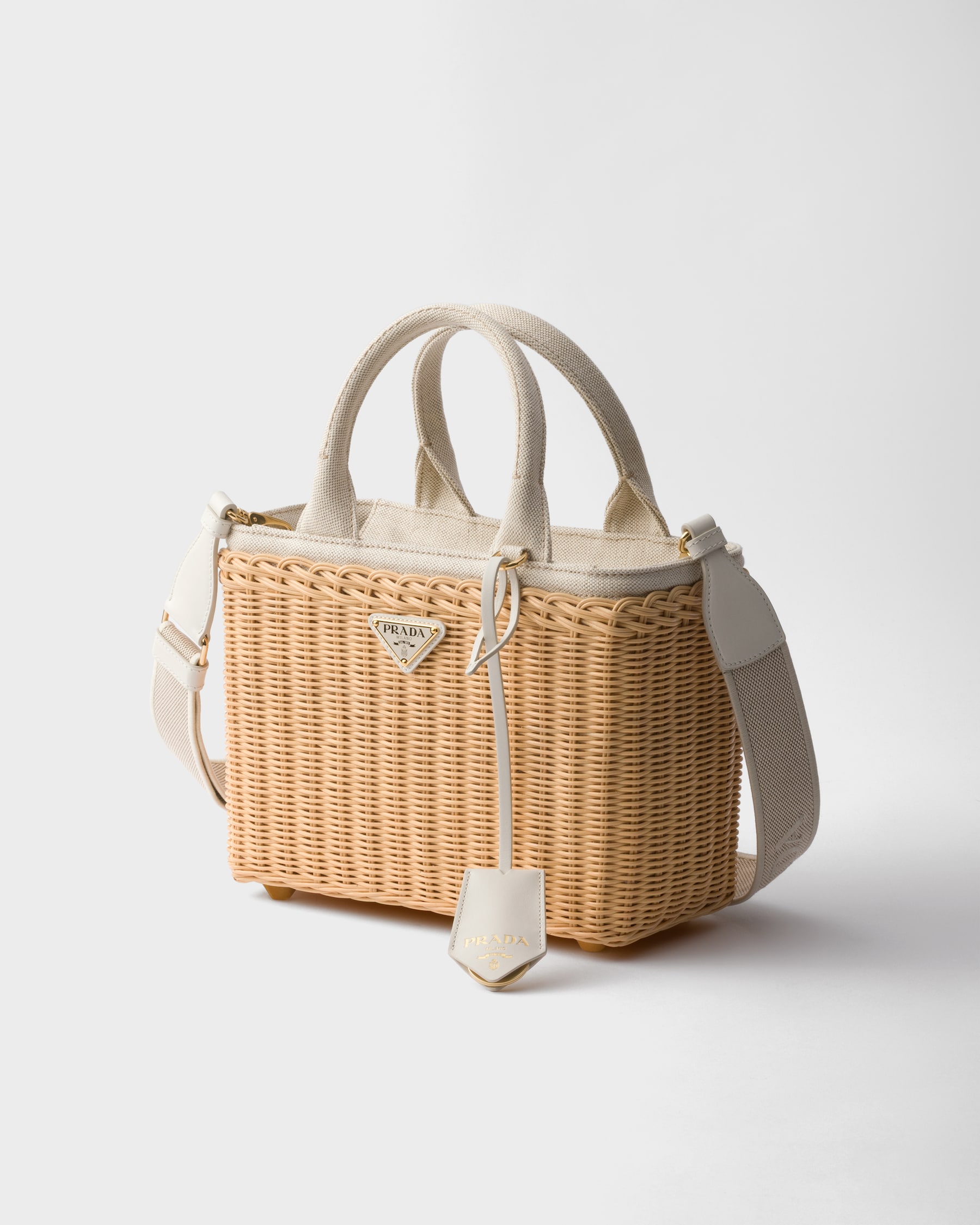 Tan/white Medium Wicker And Linen Blend Tote Bag | PRADA