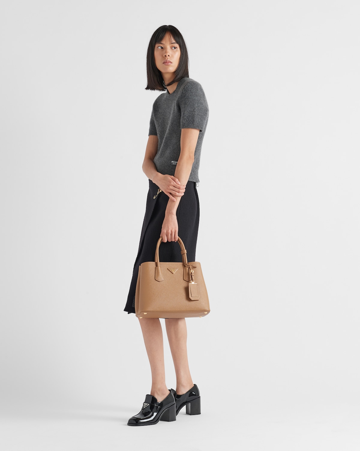 Caramel Small Saffiano Leather Double Prada Bag | PRADA