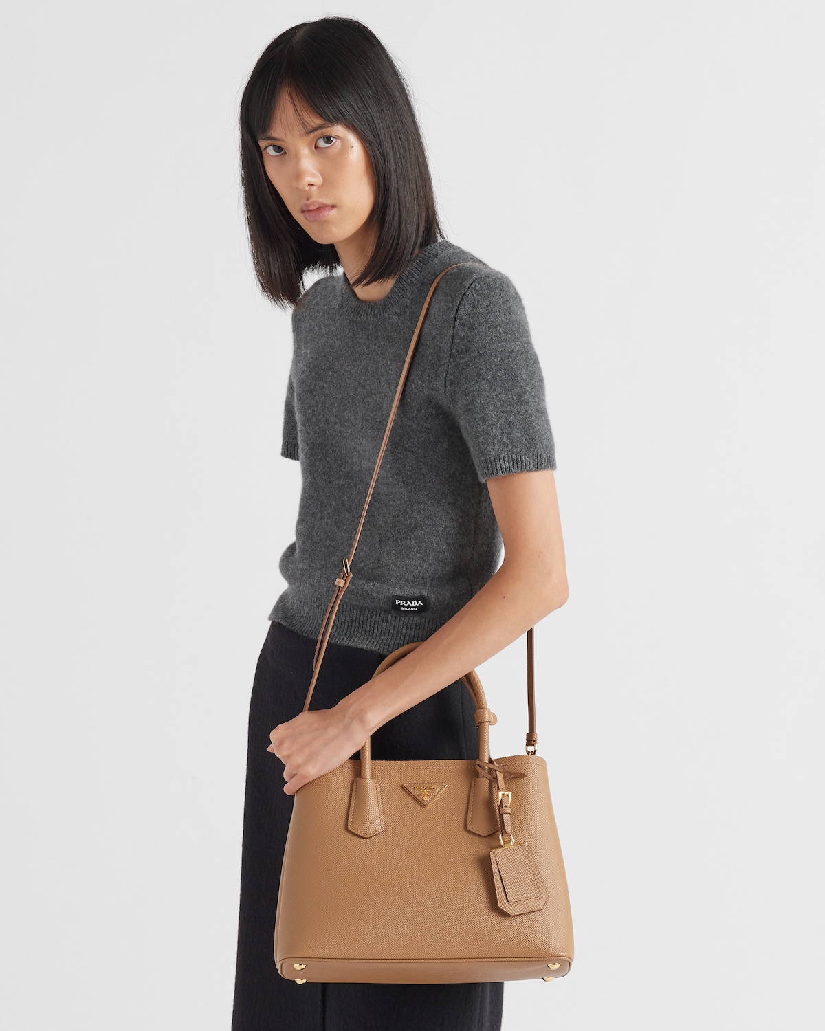 Caramel Small Saffiano Leather Double Prada Bag | PRADA