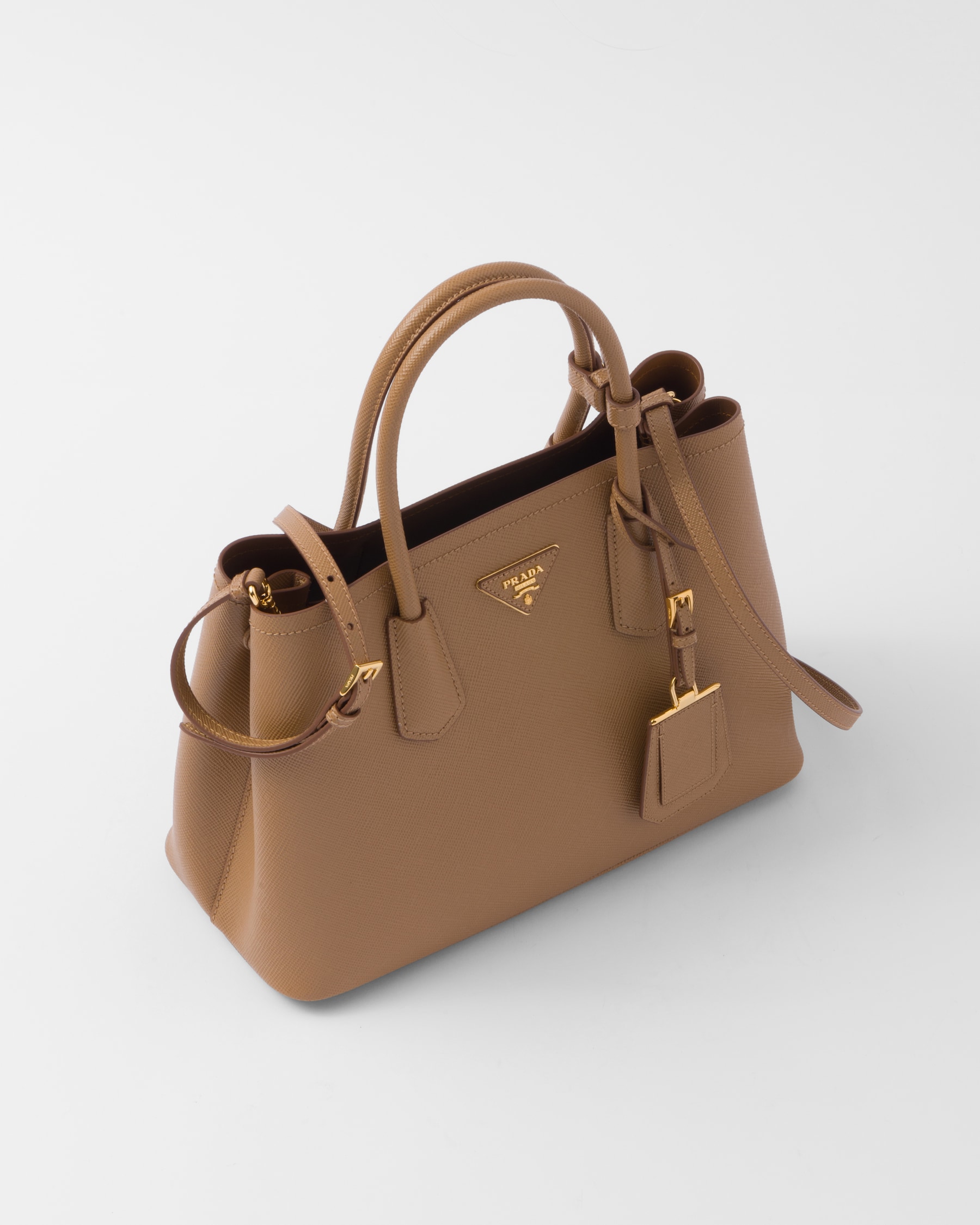 Caramel Small Saffiano Leather Double Prada Bag | PRADA