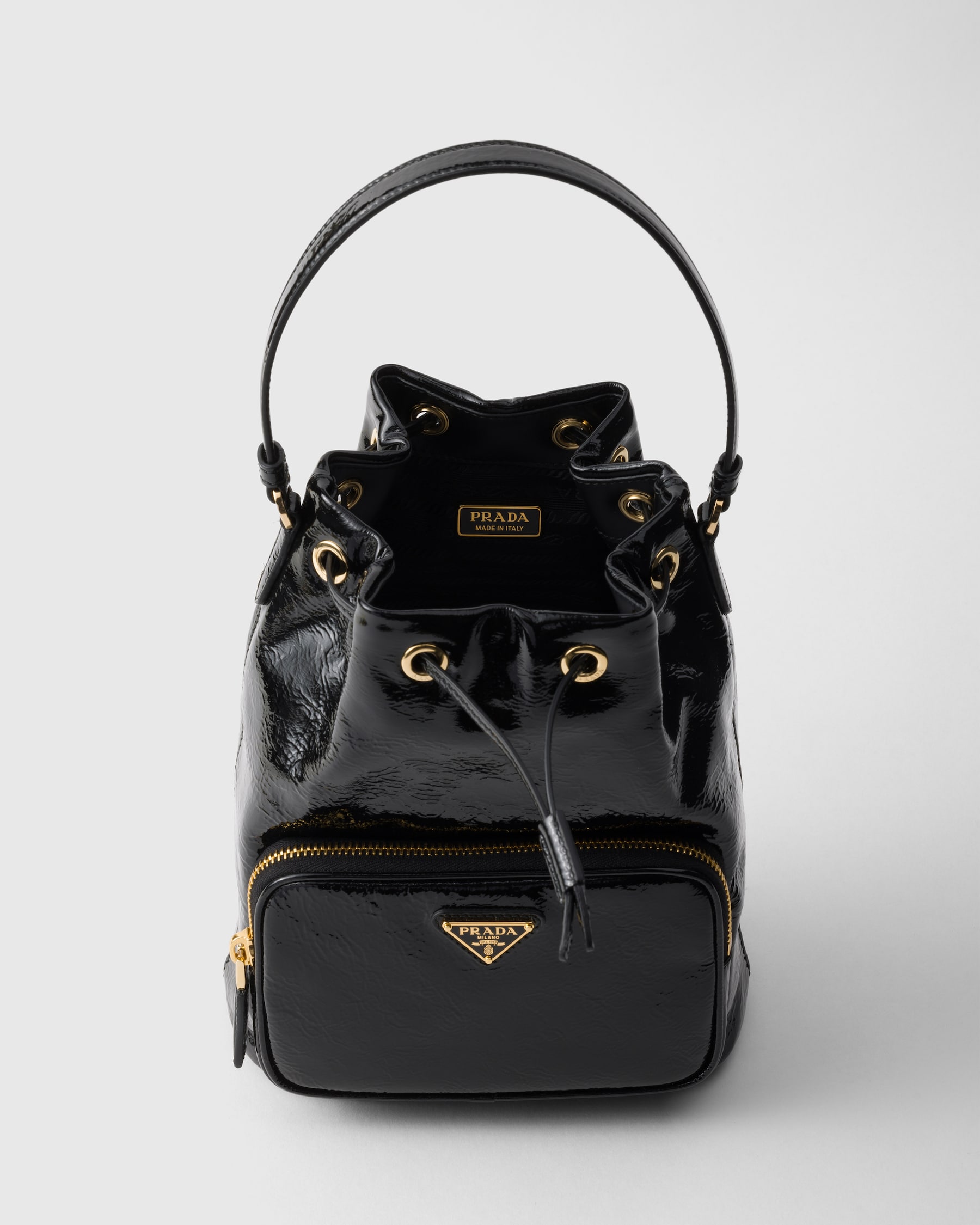 Black Prada Duet Naplak Patent Leather Bucket Bag | PRADA