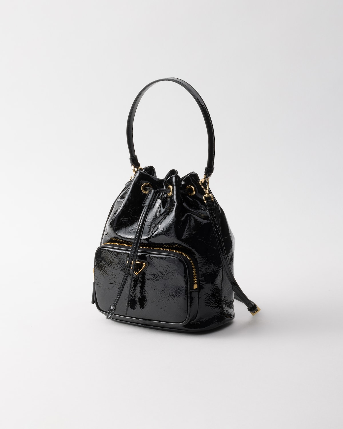Black Prada Duet Naplak Patent Leather Bucket Bag | PRADA