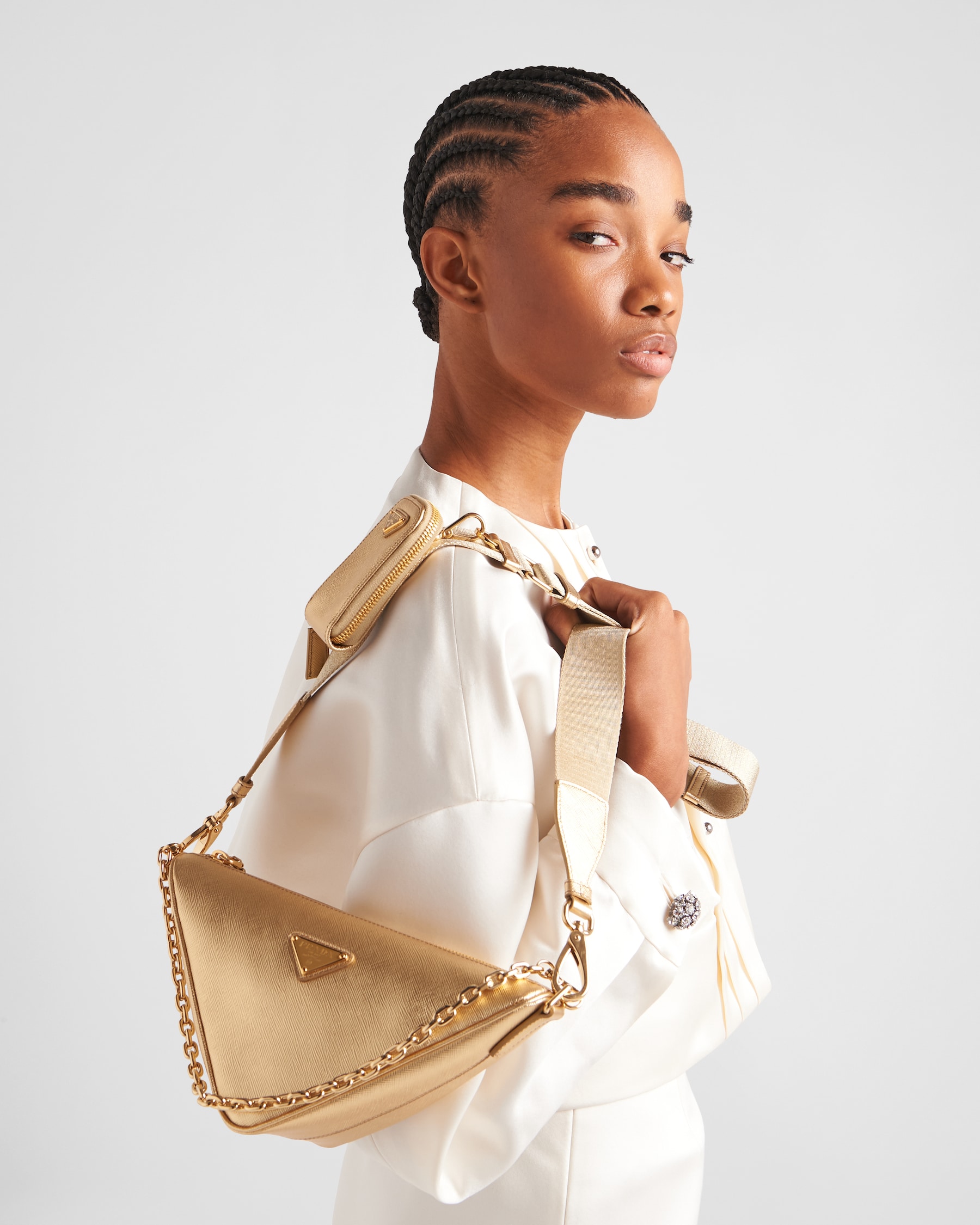 Platinum Prada Triangle Saffiano Leather Shoulder Bag | PRADA