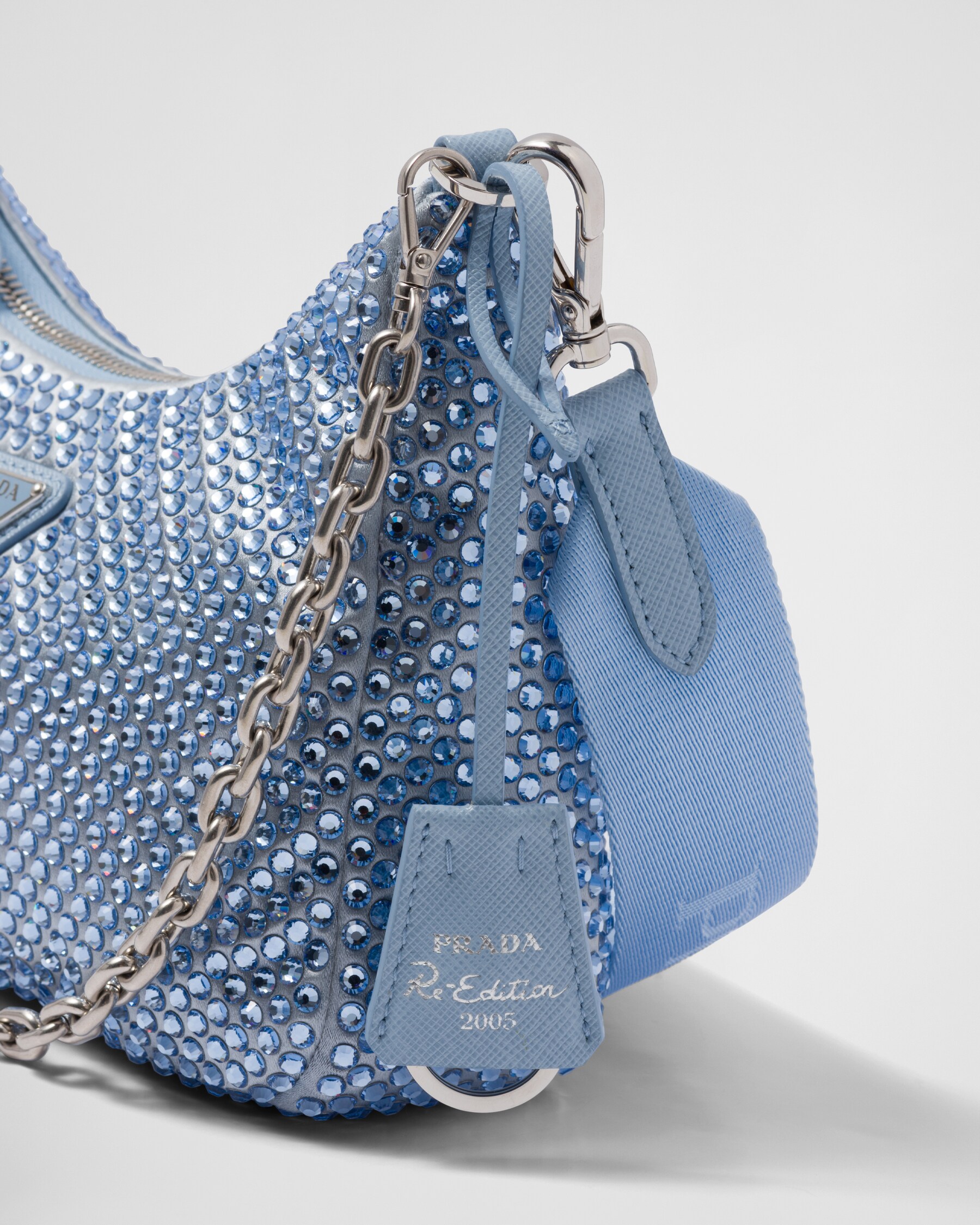Light Blue Prada Re-edition 2005 Satin Bag With Crystals | PRADA