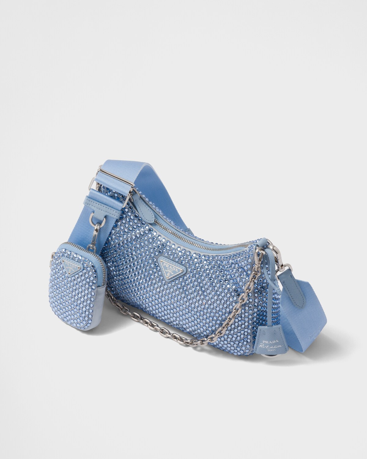 Light Blue Prada Re-edition 2005 Satin Bag With Crystals | PRADA
