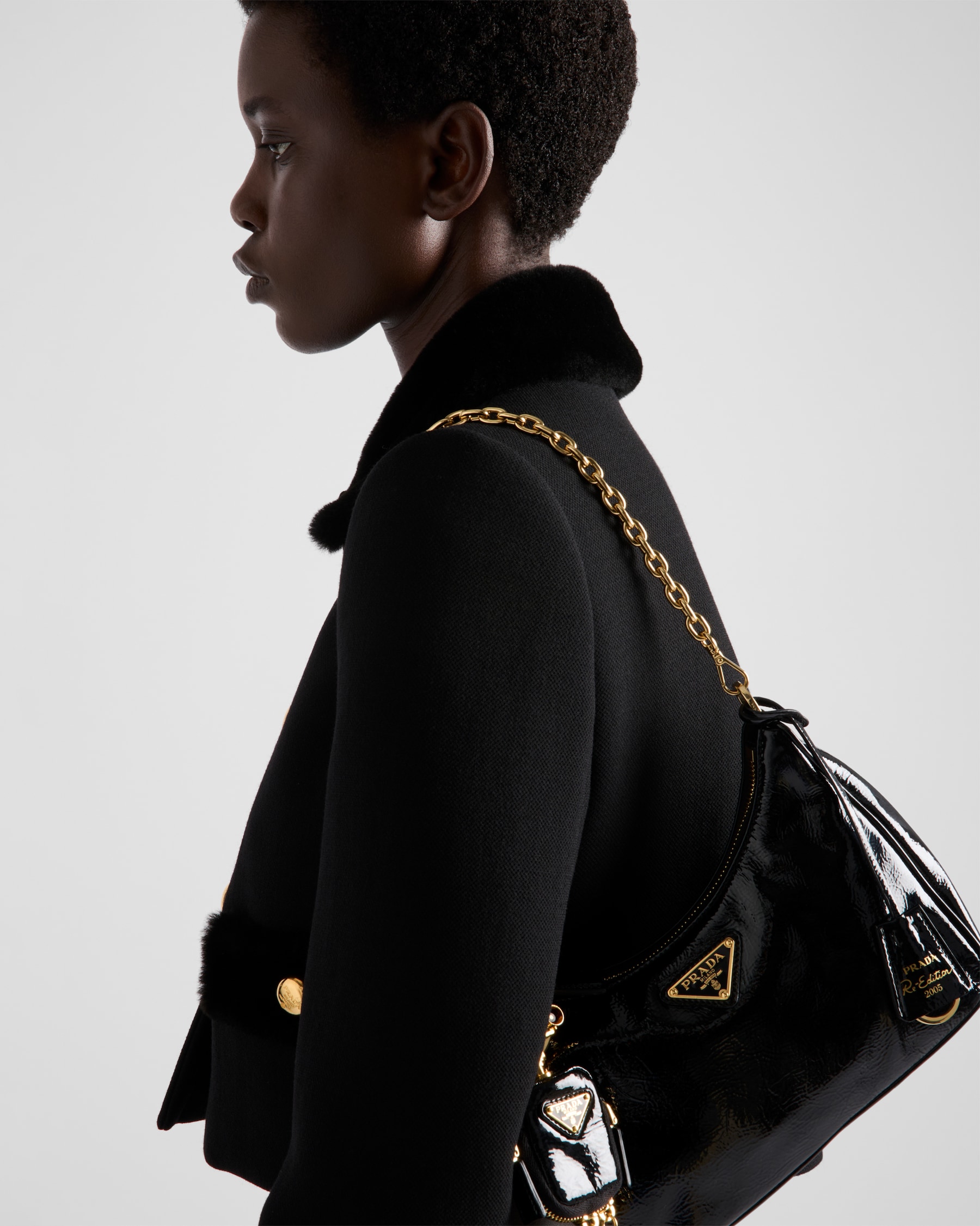 Black Prada Re-edition 2005 Naplak Patent Leather Bag With Charm | PRADA