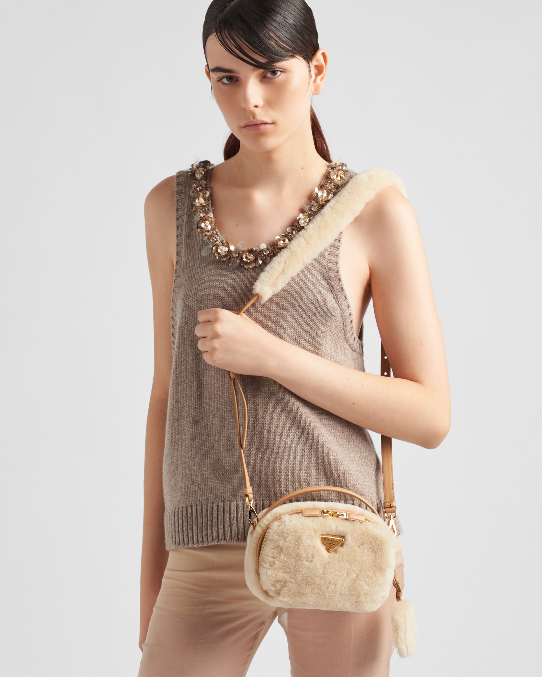 ÉCru/noisette Prada Odette Shearling Mini-bag | PRADA