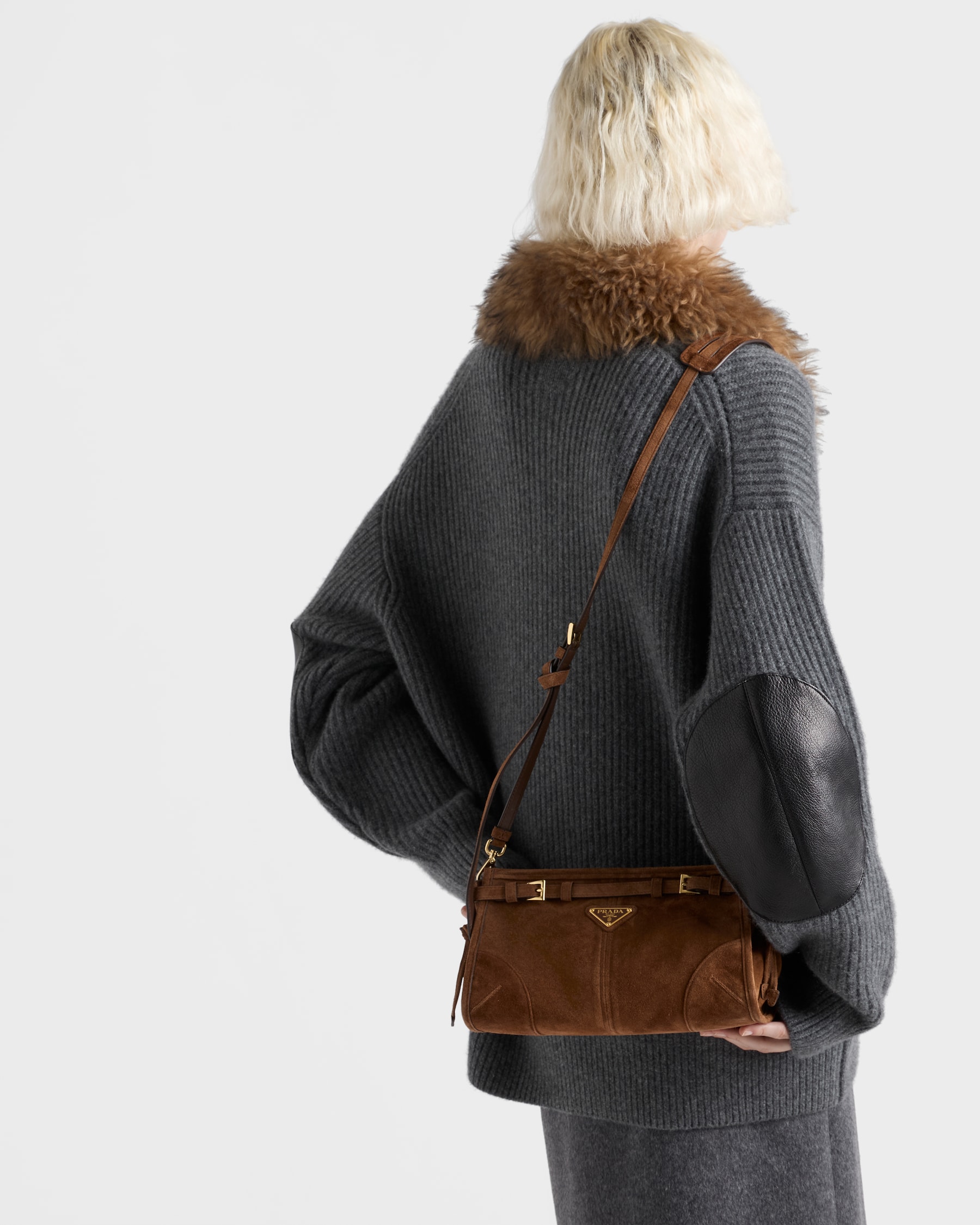 Cocoa Brown Prada Bonnie Small Suede Shoulder Bag | PRADA - United States