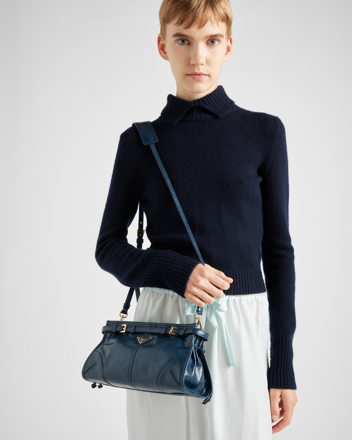 Denim Prada Bonnie Small Leather Shoulder Bag | PRADA