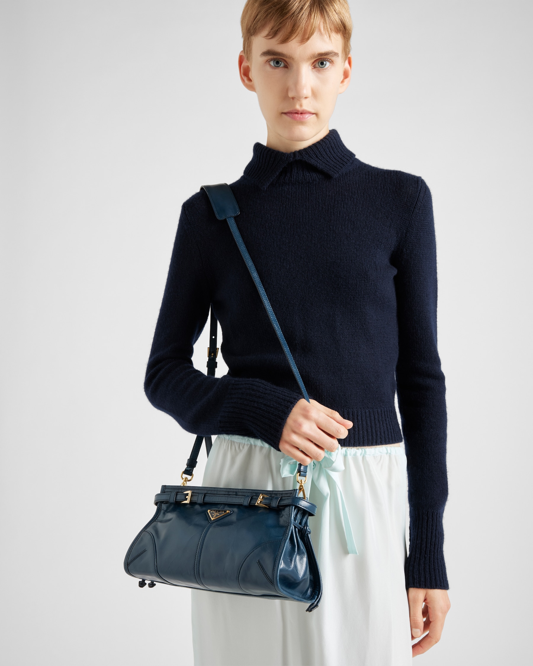 Denim Prada Bonnie Small Leather Shoulder Bag | PRADA