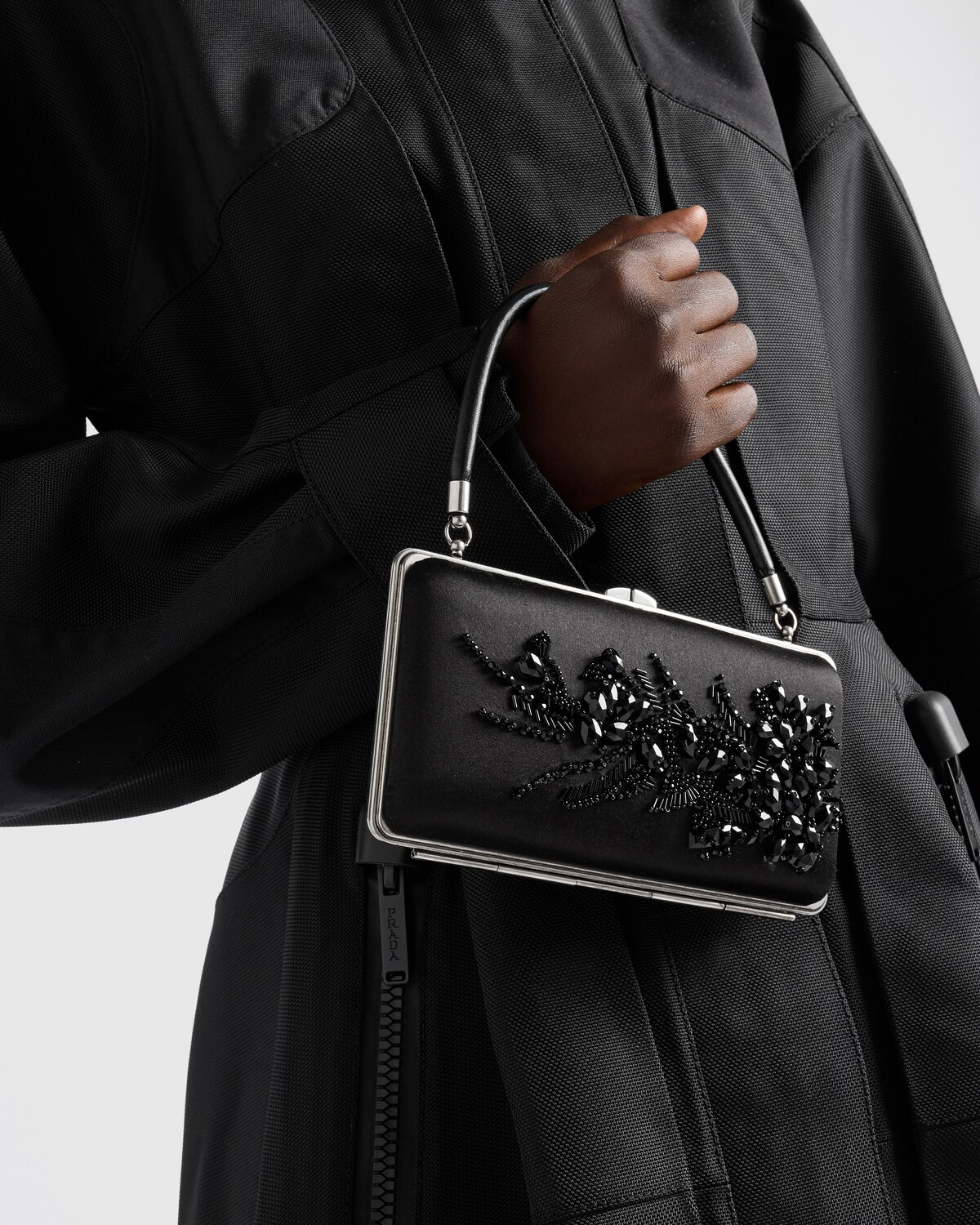 Black Embroidered Satin Clutch | PRADA