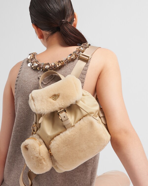 Desert Beige Re-nylon And Shearling Backpack | PRADA