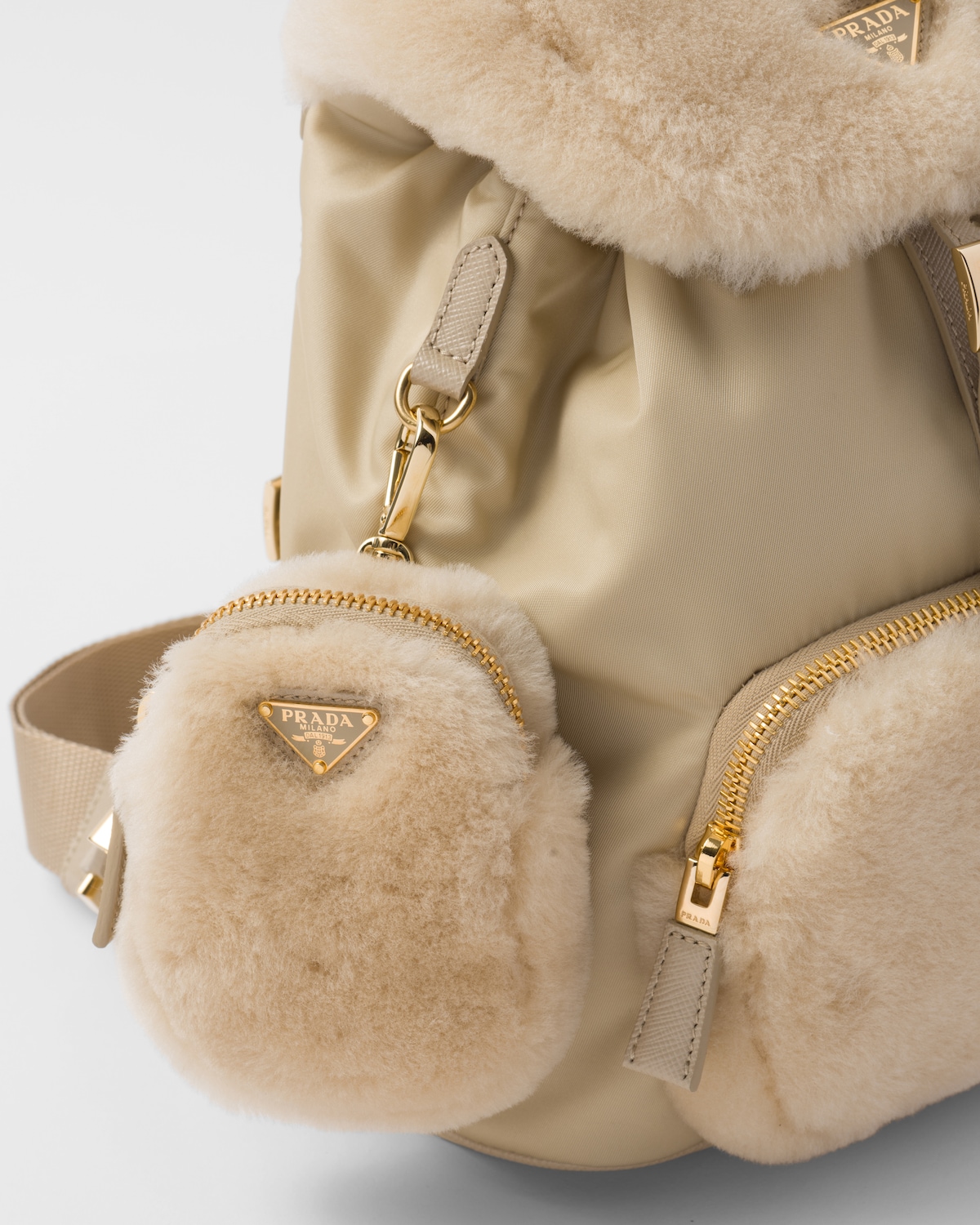 Desert Beige Re-nylon And Shearling Backpack | PRADA