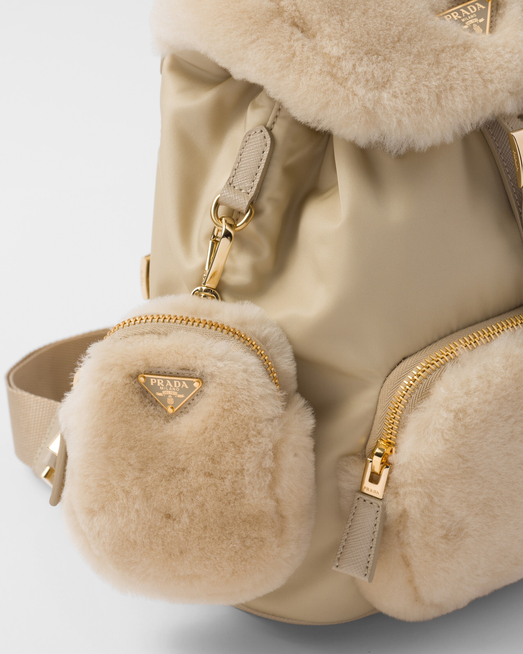Desert Beige Re-nylon And Shearling Backpack | PRADA