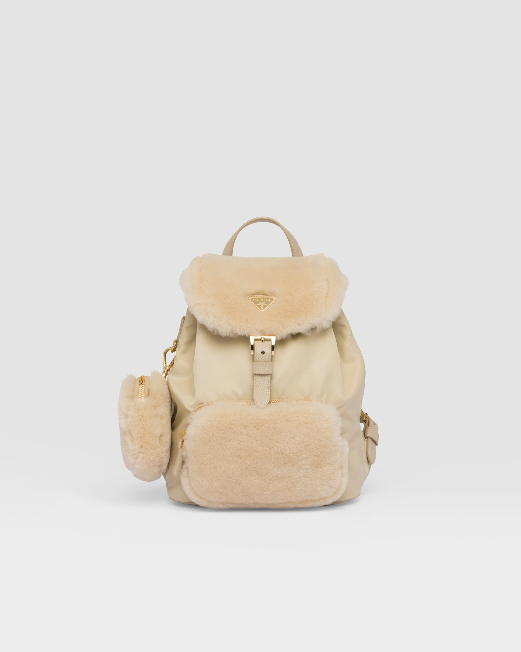Desert Beige Re-nylon And Shearling Backpack | PRADA