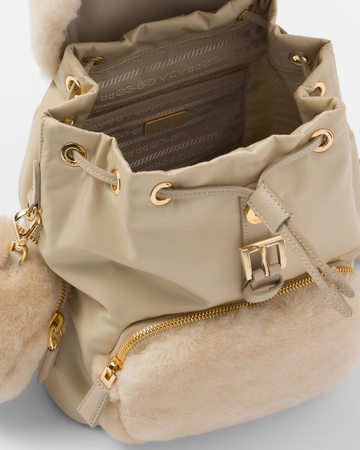 Desert Beige Re-nylon And Shearling Backpack | PRADA