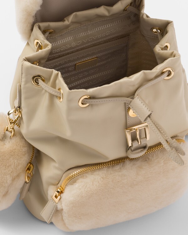 Desert Beige Re-nylon And Shearling Backpack | PRADA