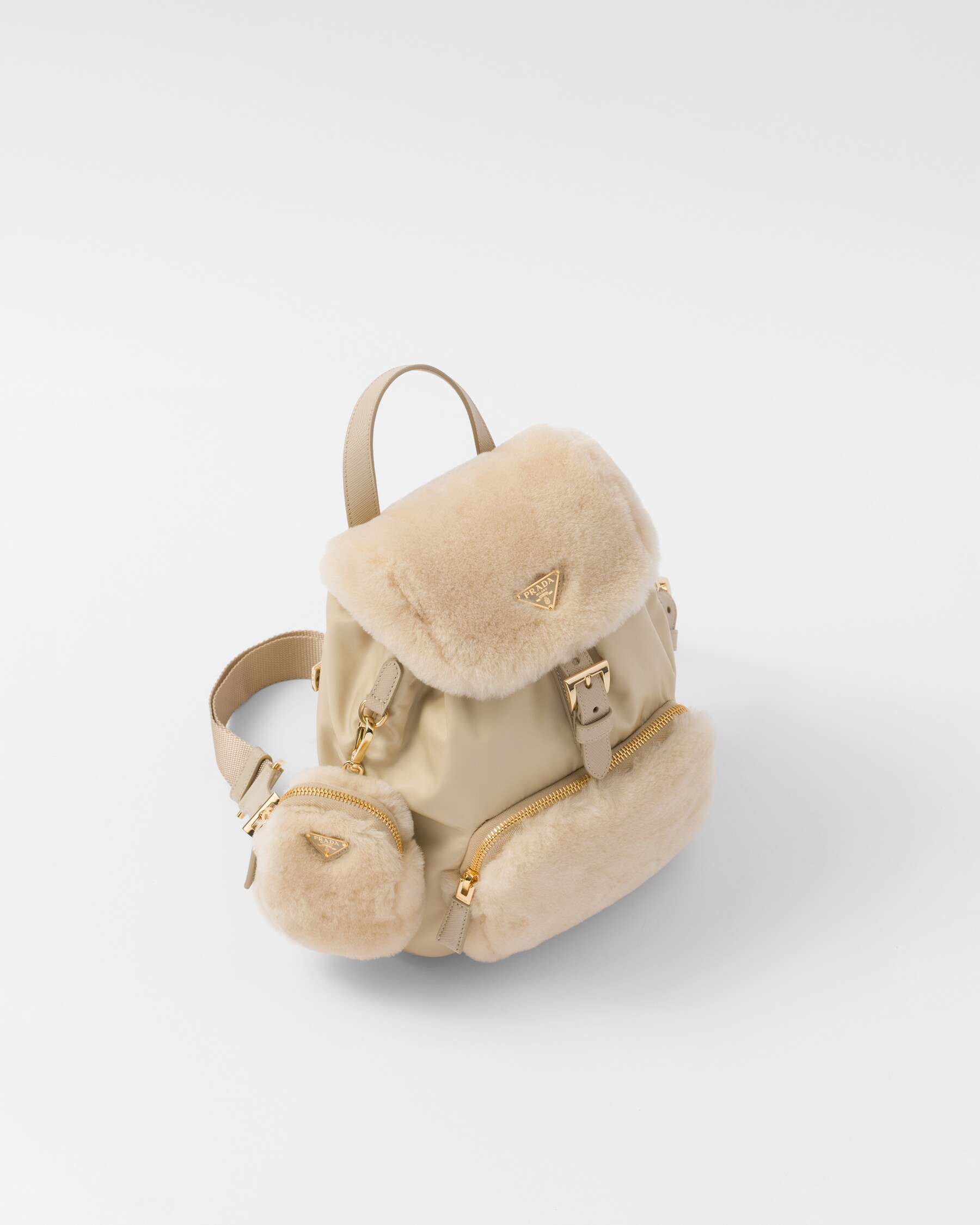 Desert Beige Re-nylon And Shearling Backpack | PRADA