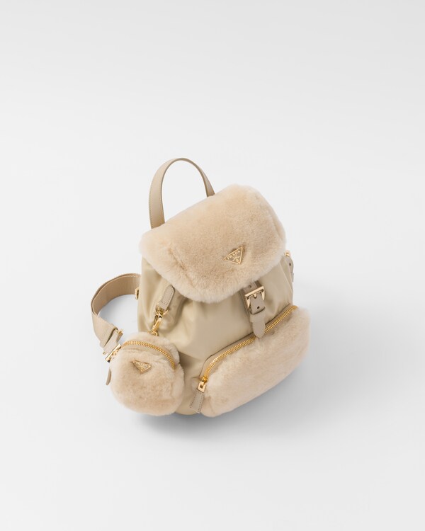 Desert Beige Re-nylon And Shearling Backpack | PRADA