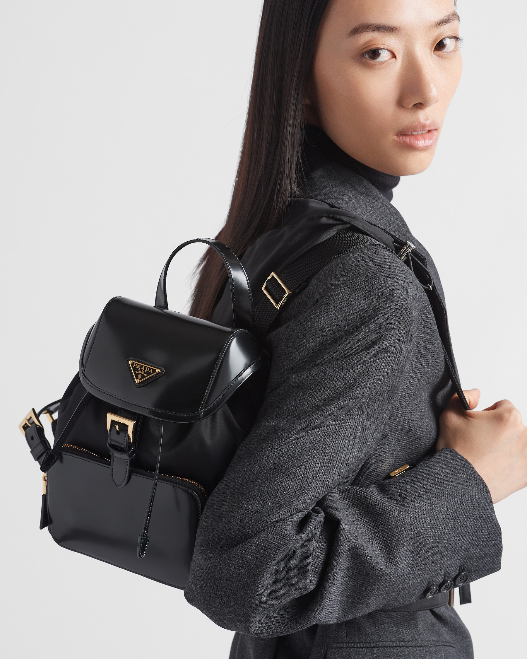 Black Medium Re-nylon And Brushed Leather Backpack | PRADA