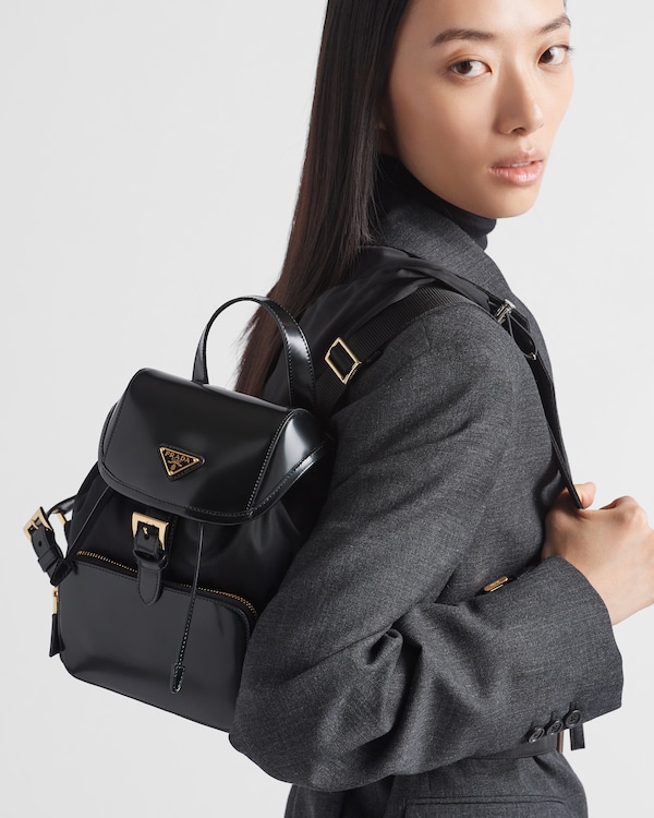 Black Medium Re-nylon And Brushed Leather Backpack | PRADA