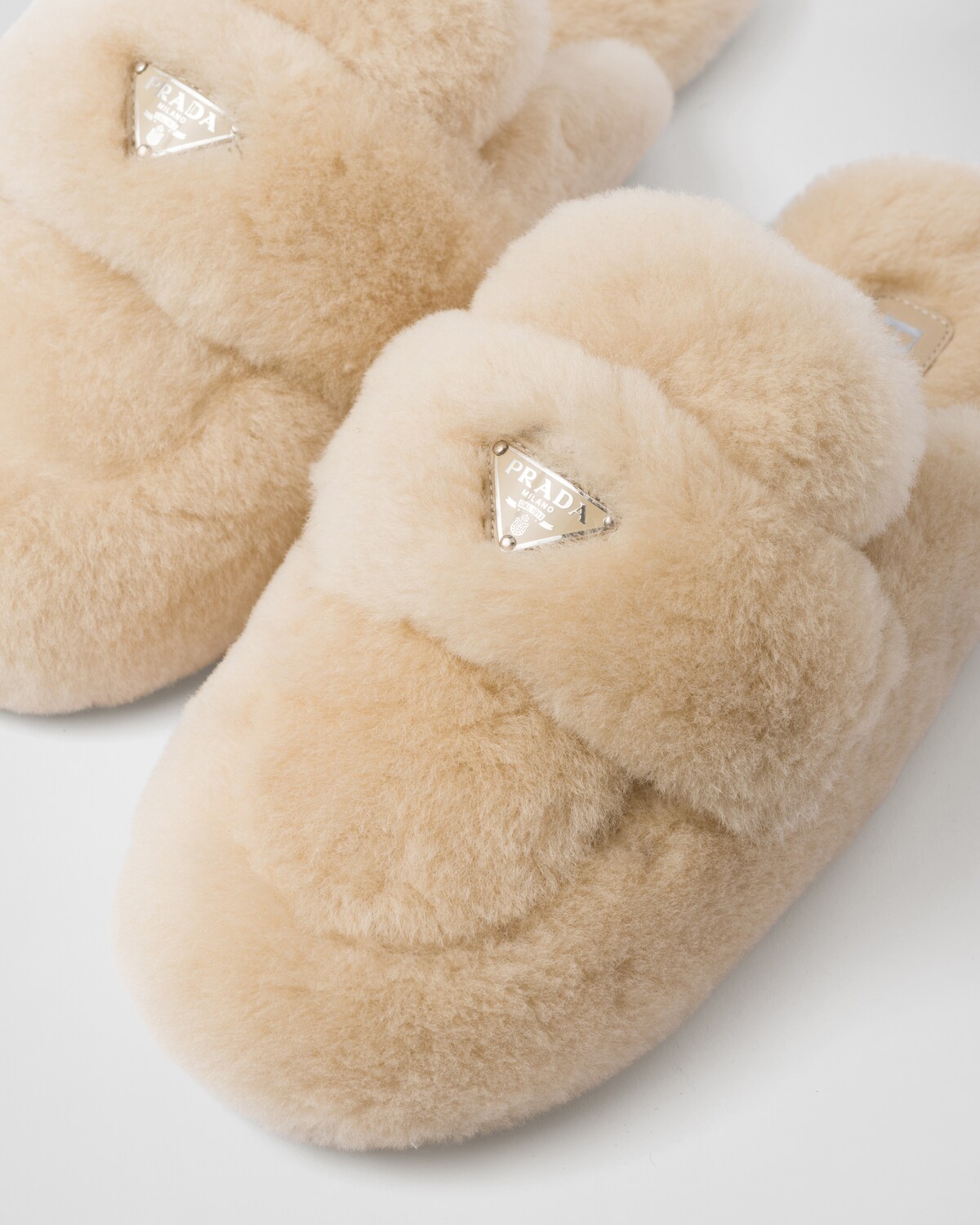 Ecru Shearling Mules | PRADA