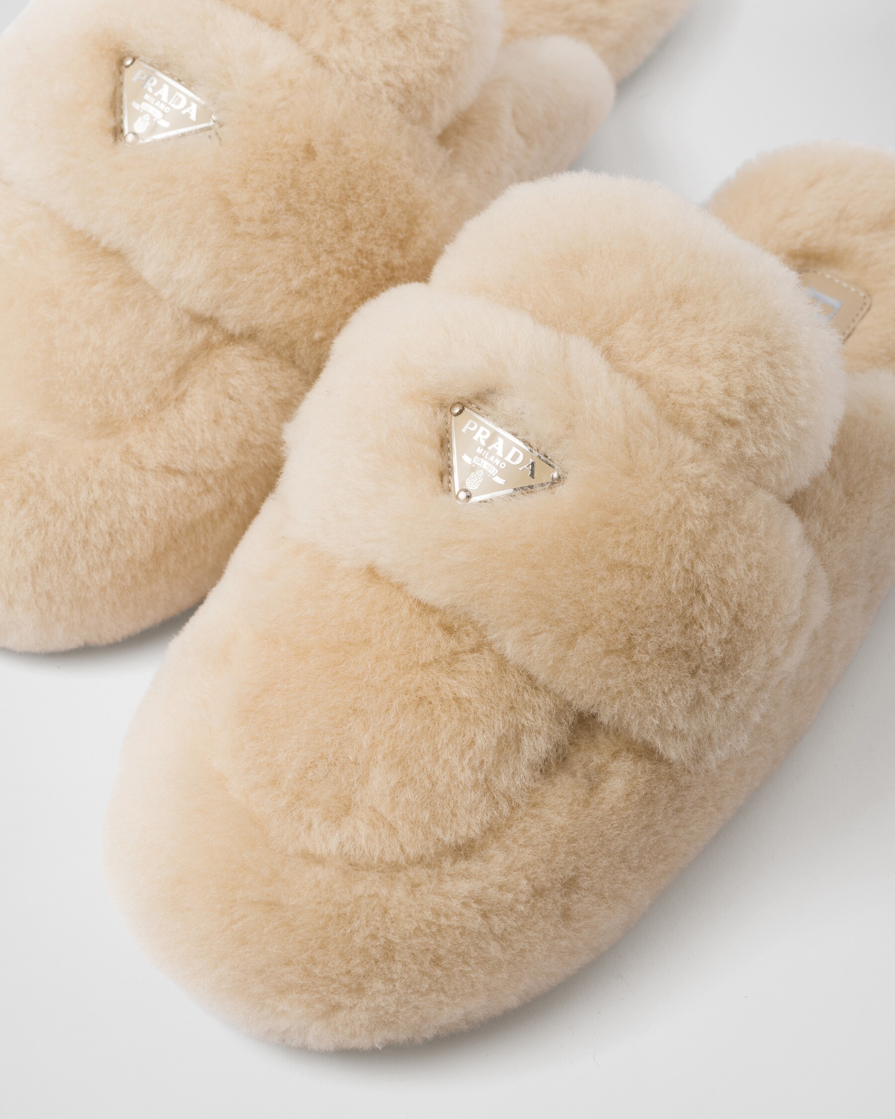 Ecru Shearling Mules | PRADA