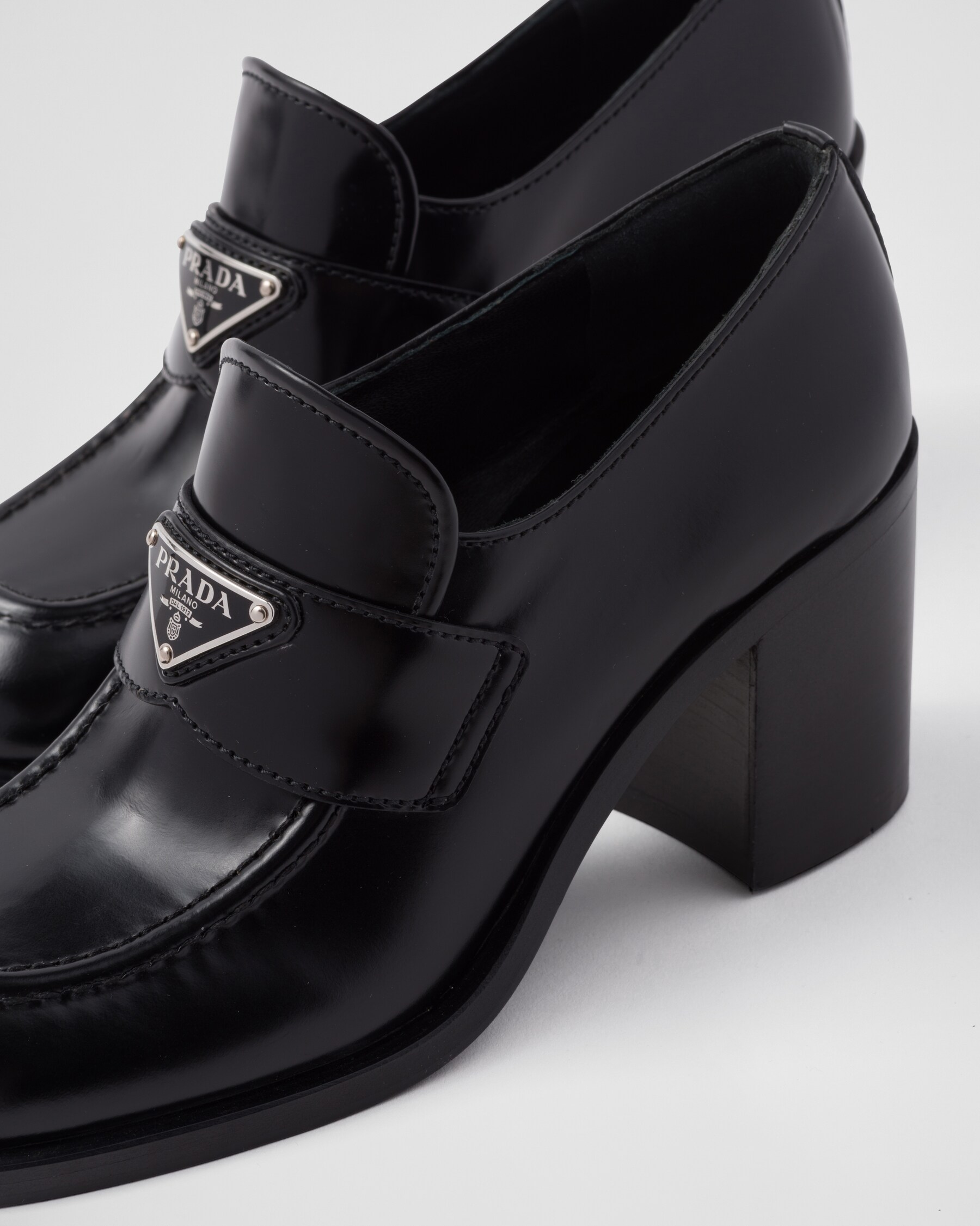 Black Brushed Leather High-heel Loafers | PRADA