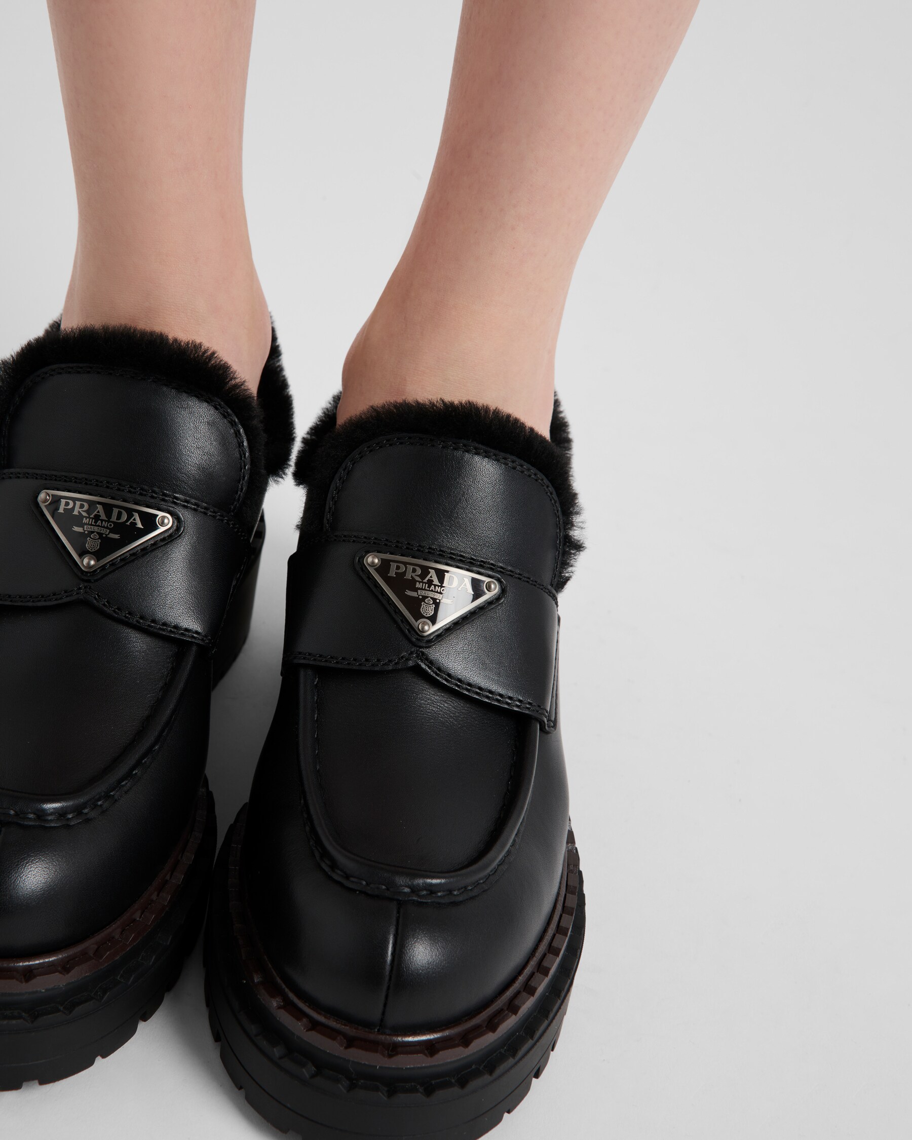 Black Double Chocolate Leather And Shearling Loafers | PRADA