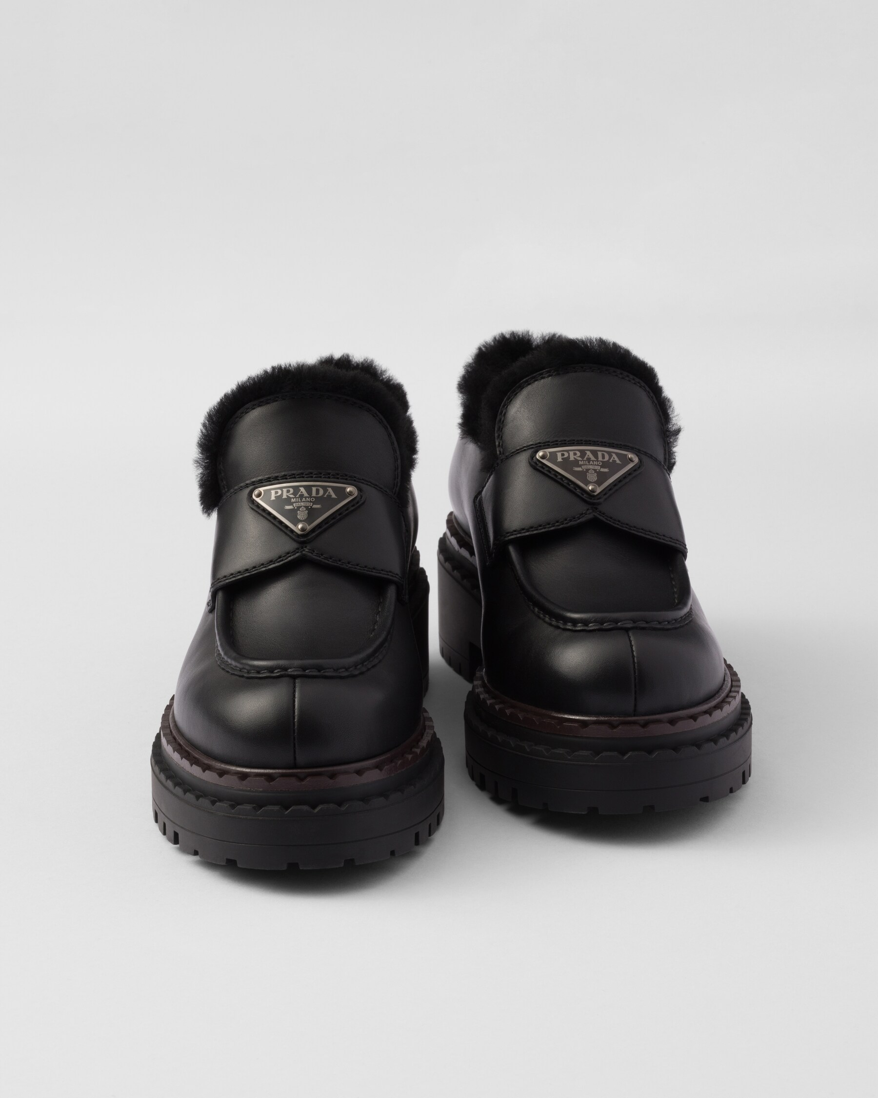 Black Double Chocolate Leather And Shearling Loafers | PRADA