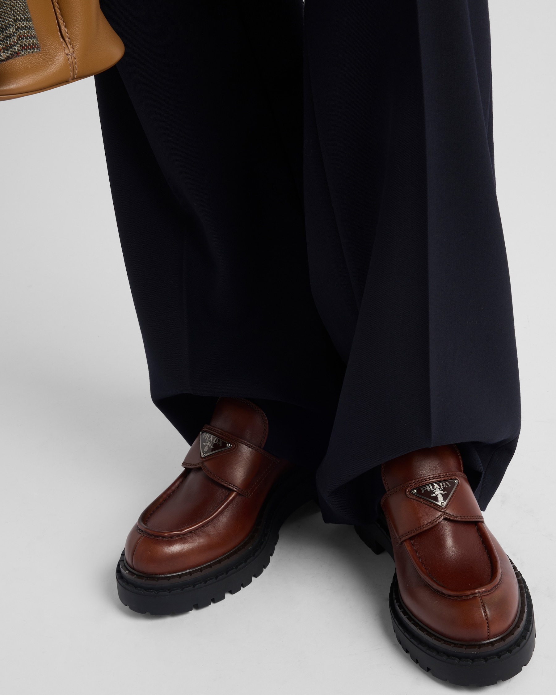 Cognac Double Chocolate Leather Loafers | PRADA