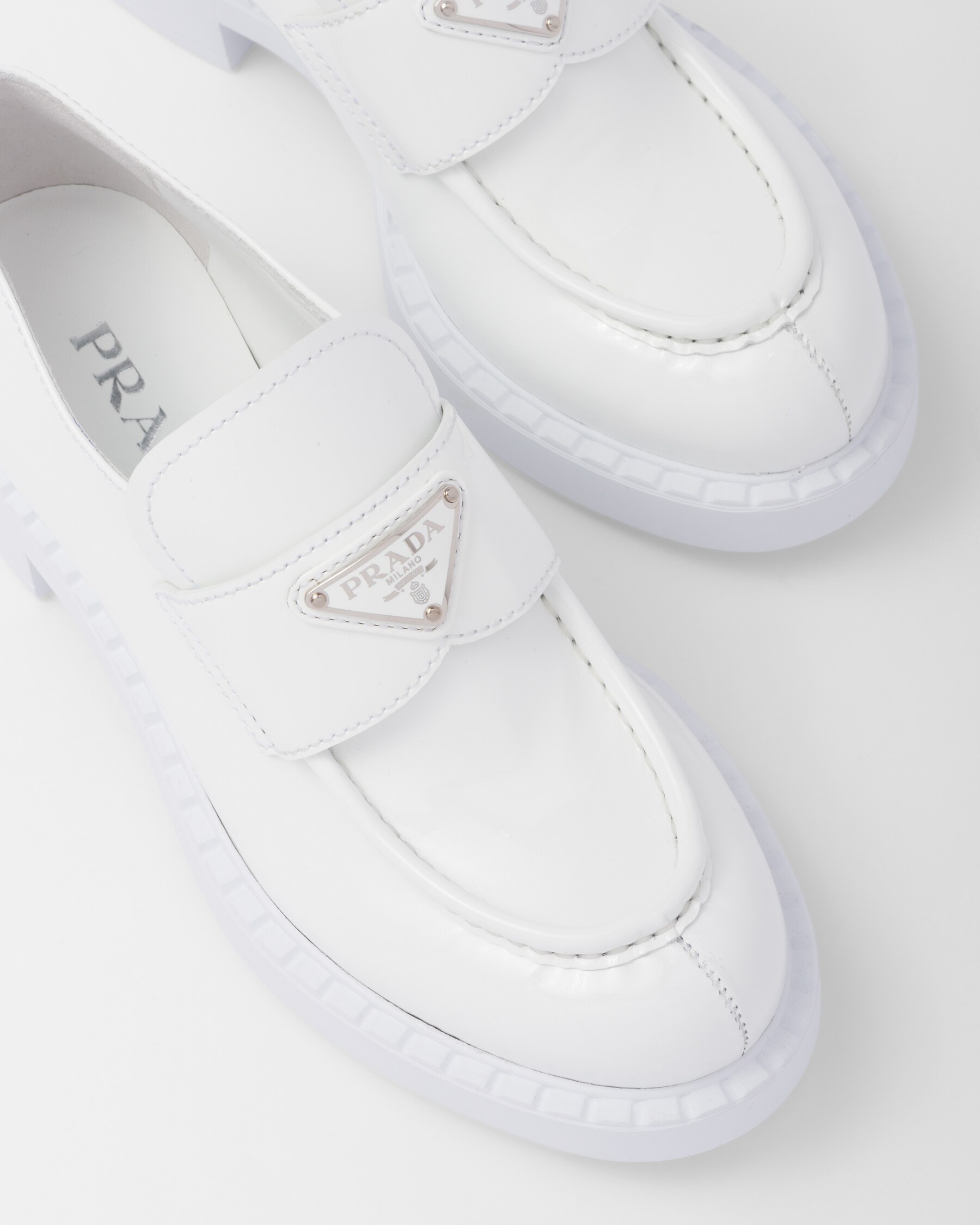 White Chocolate Patent Leather Loafers | PRADA