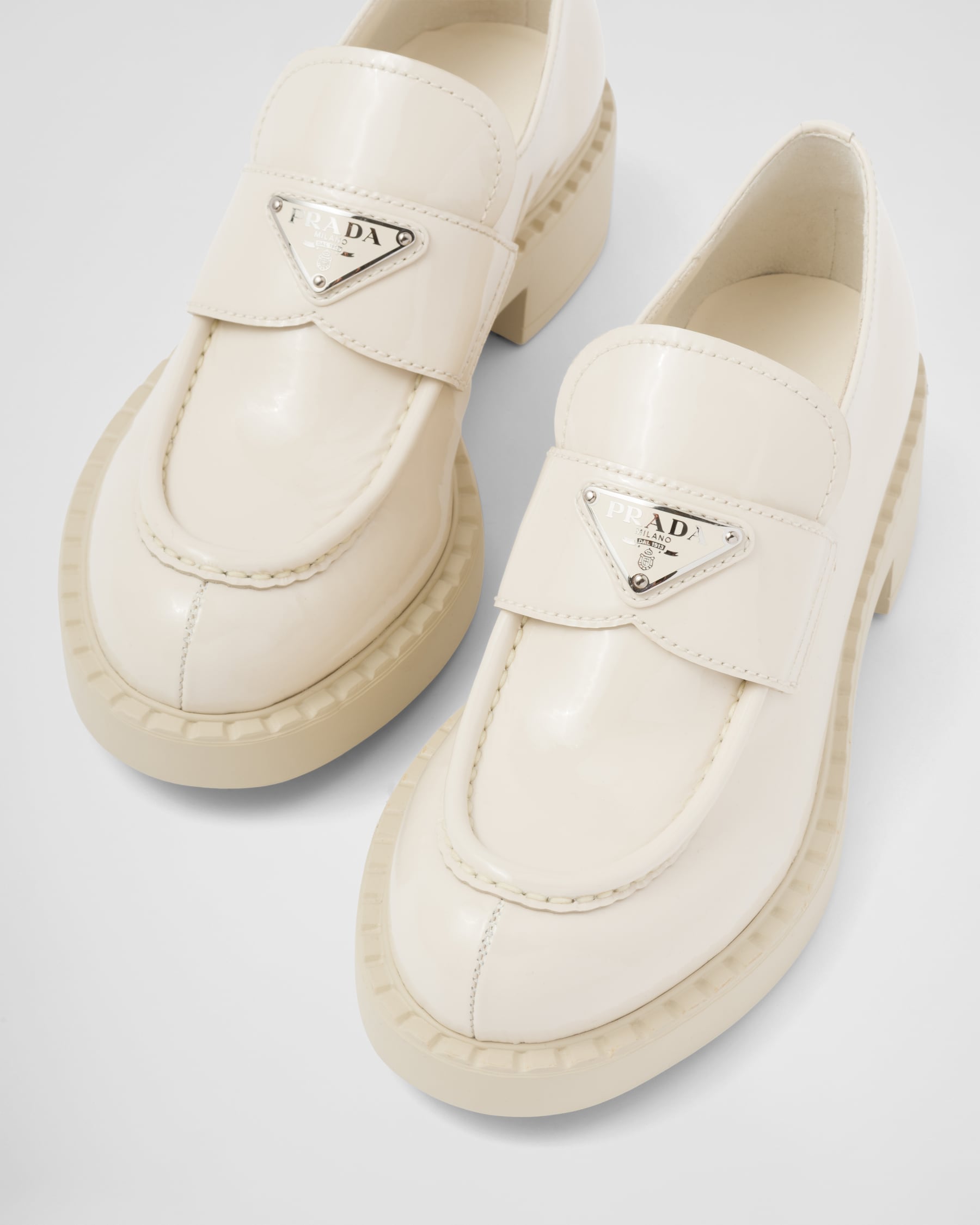 Ivory Chocolate Patent Leather Loafers | PRADA