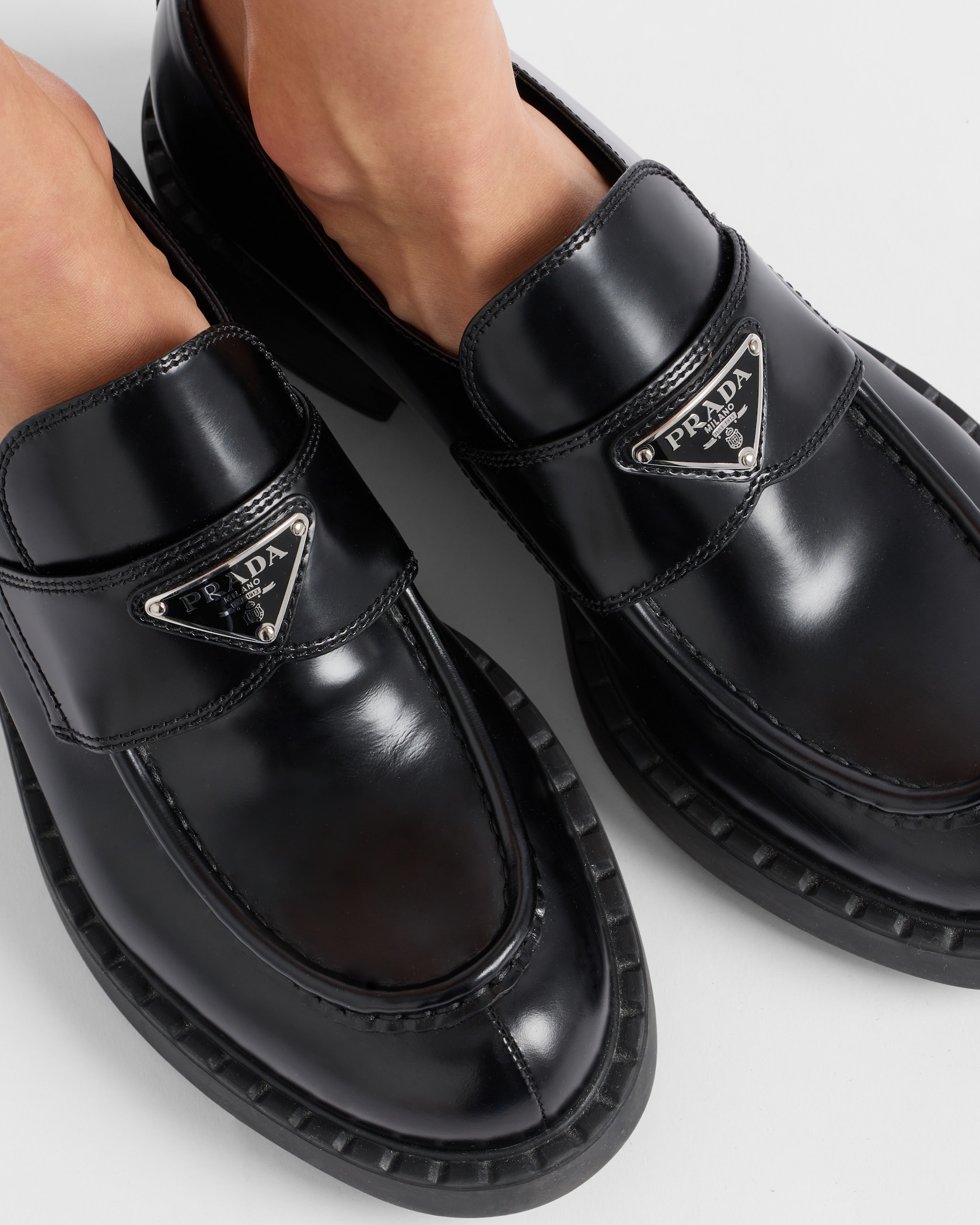 Black Chocolate Brushed Leather Loafers | PRADA