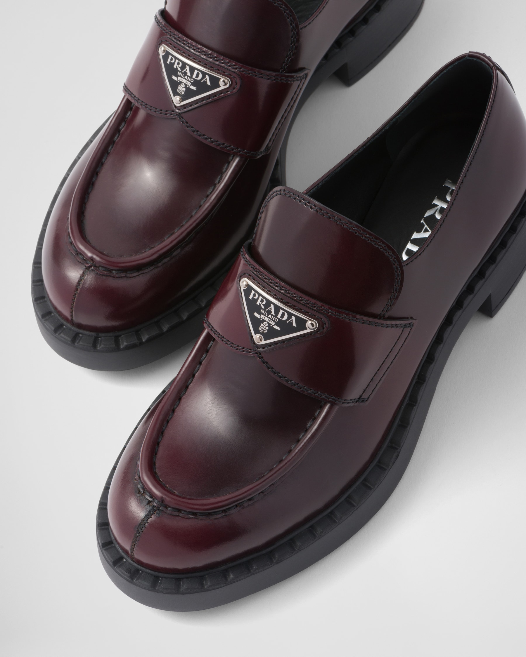 Cordovan Chocolate Brushed Leather Loafers | PRADA