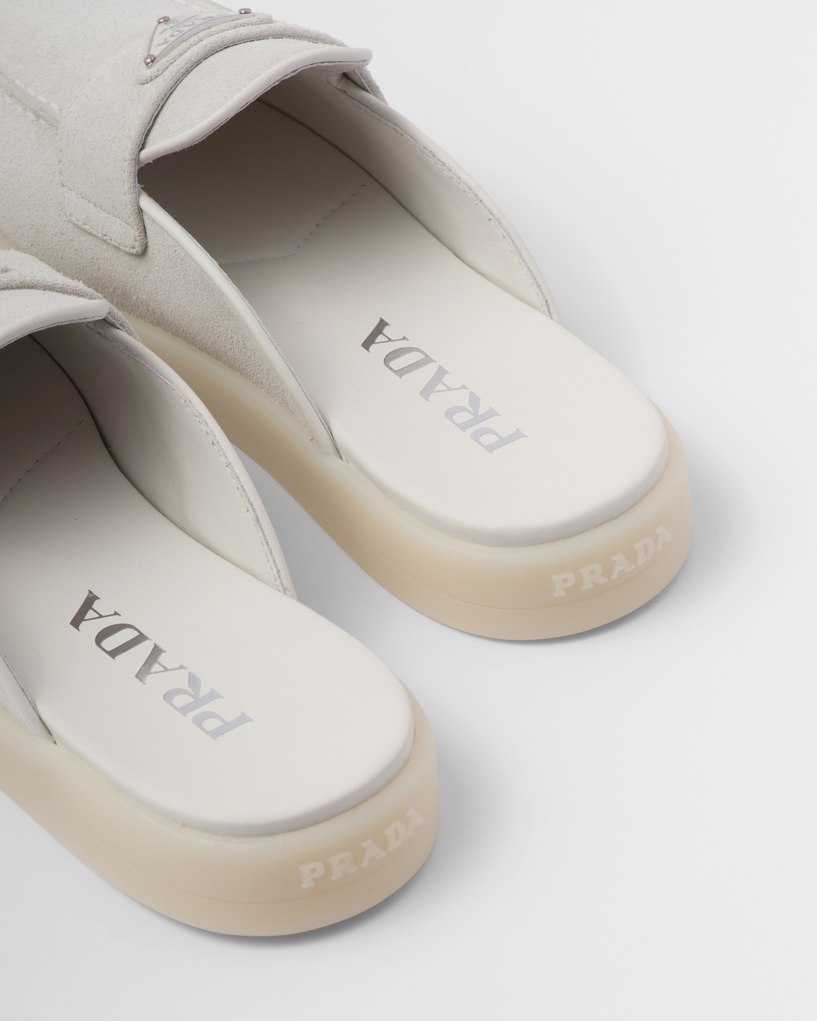 Chalk White Suede Leather Sabots | PRADA