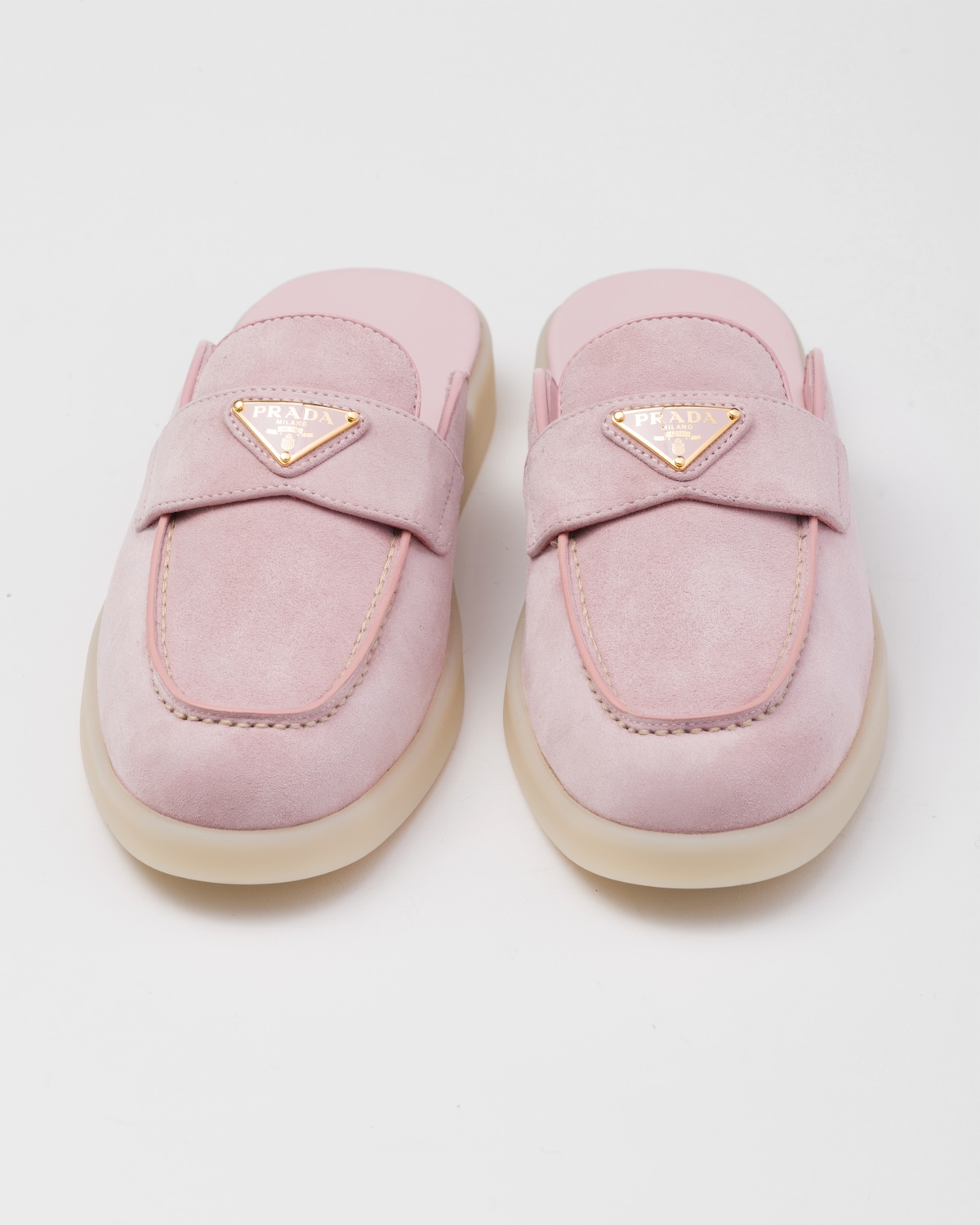 Alabaster Pink Suede Mules | PRADA