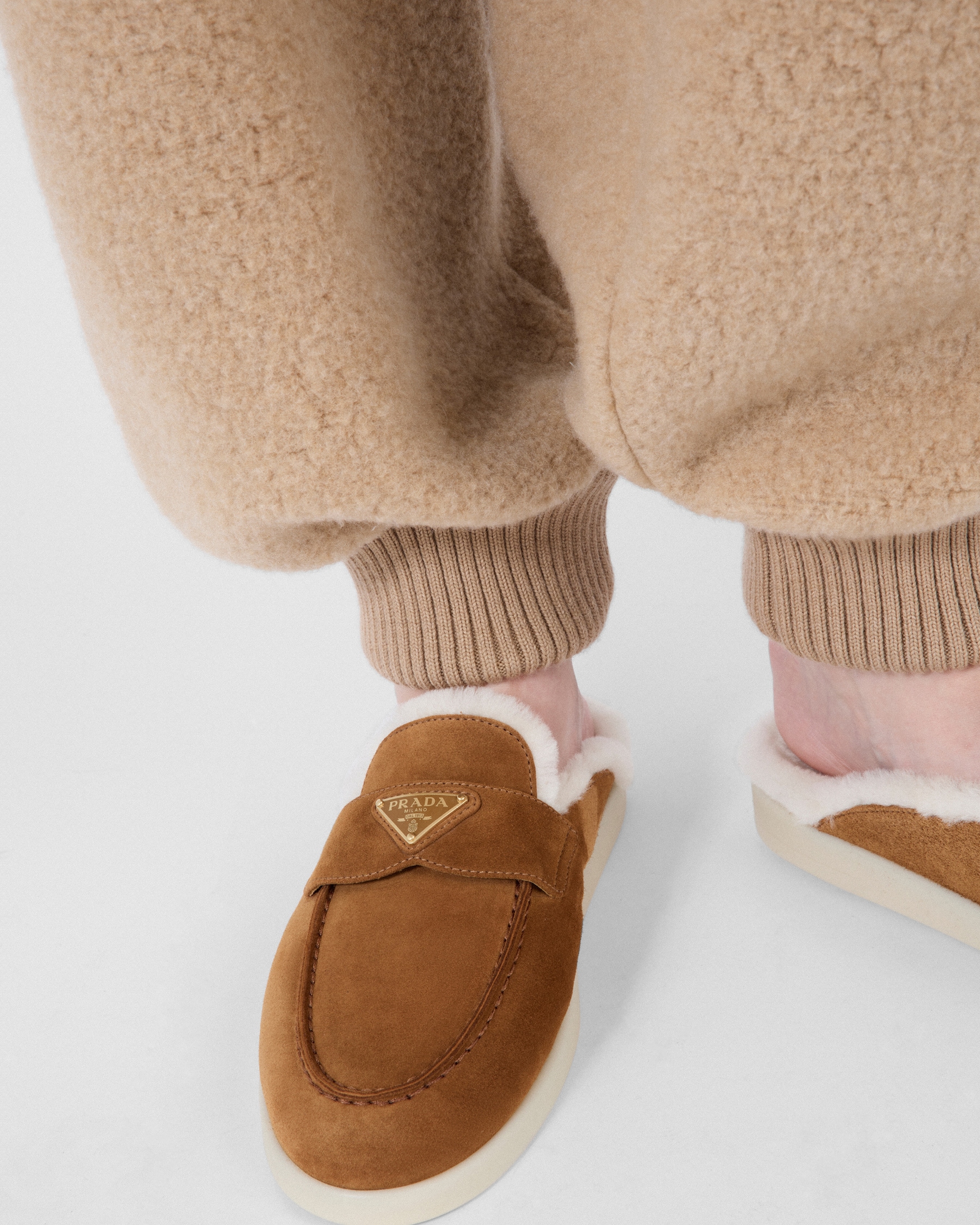 Cognac Suede And Shearling Slippers | PRADA