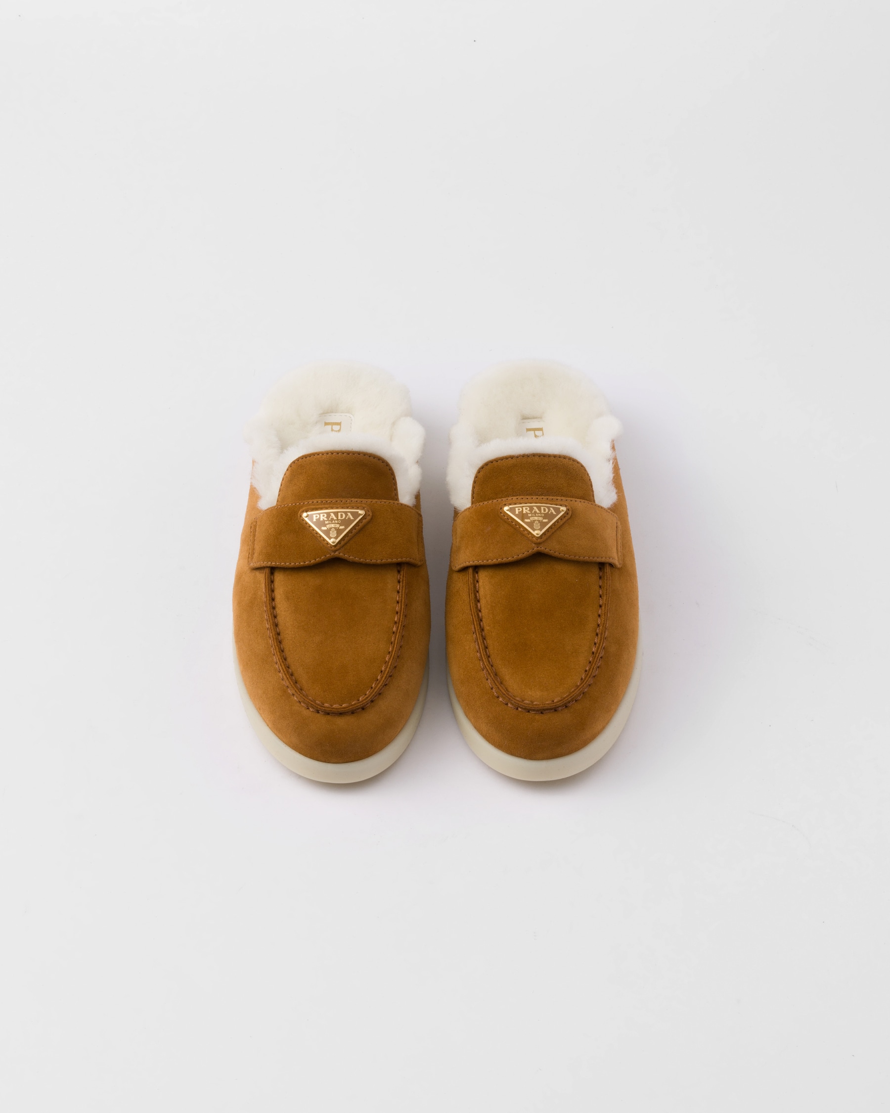 Cognac Suede And Shearling Slippers | PRADA