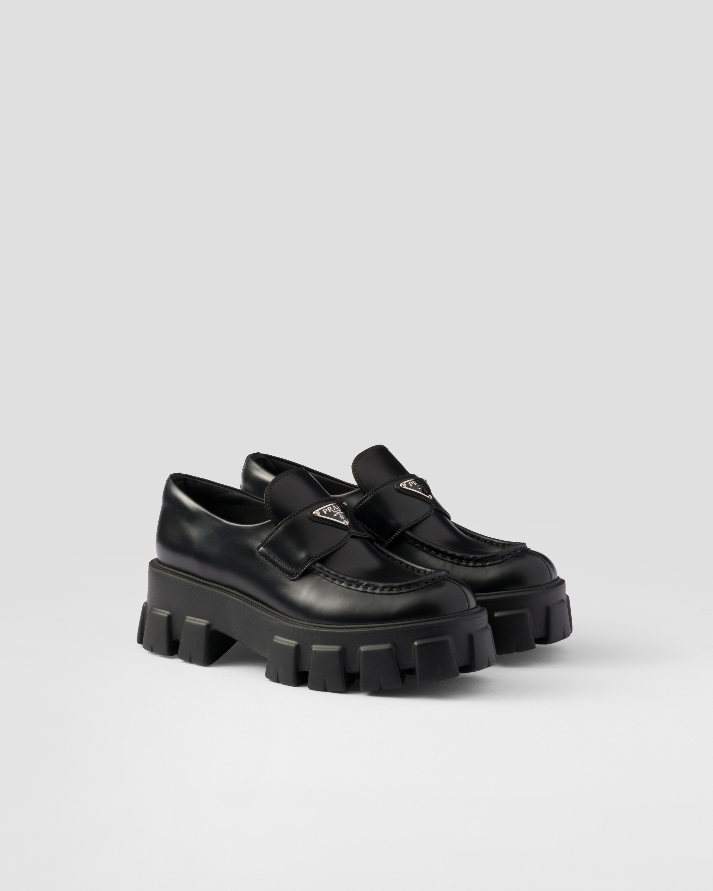 Black Brushed Leather Monolith Loafers | PRADA