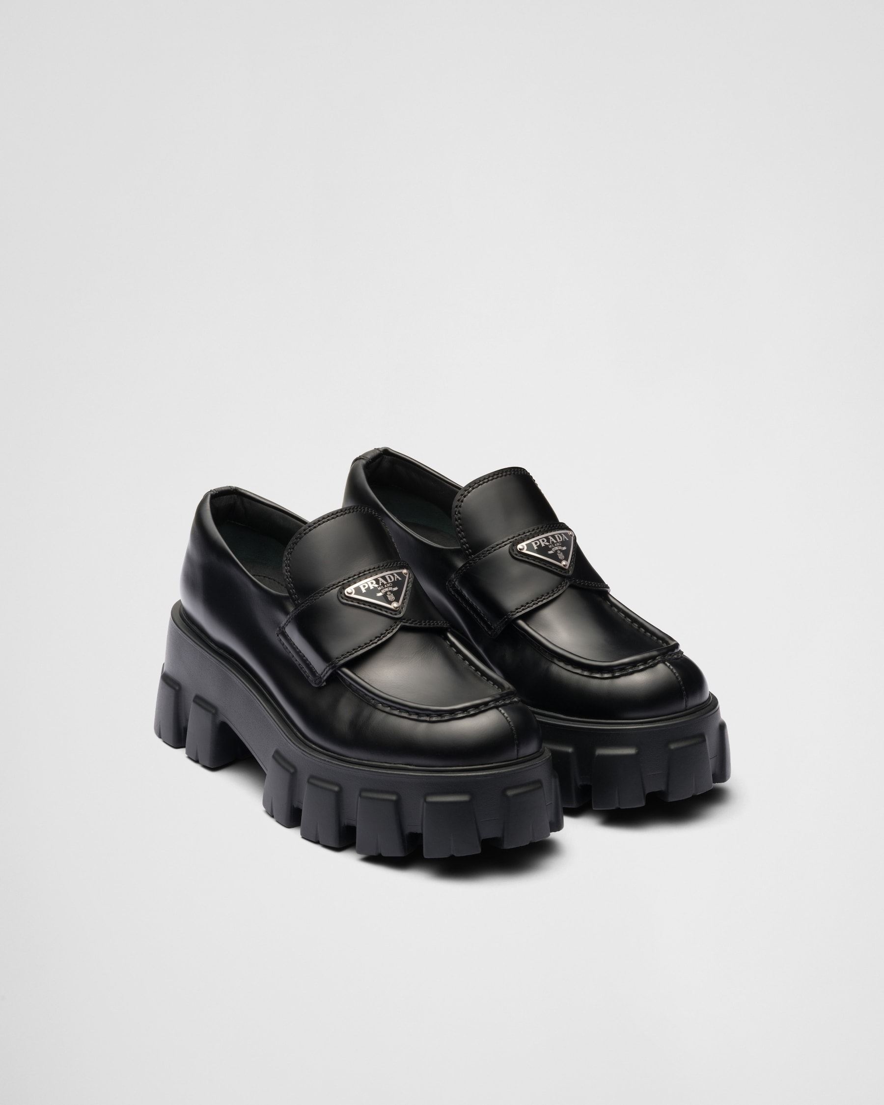 Black Brushed Leather Monolith Loafers | PRADA