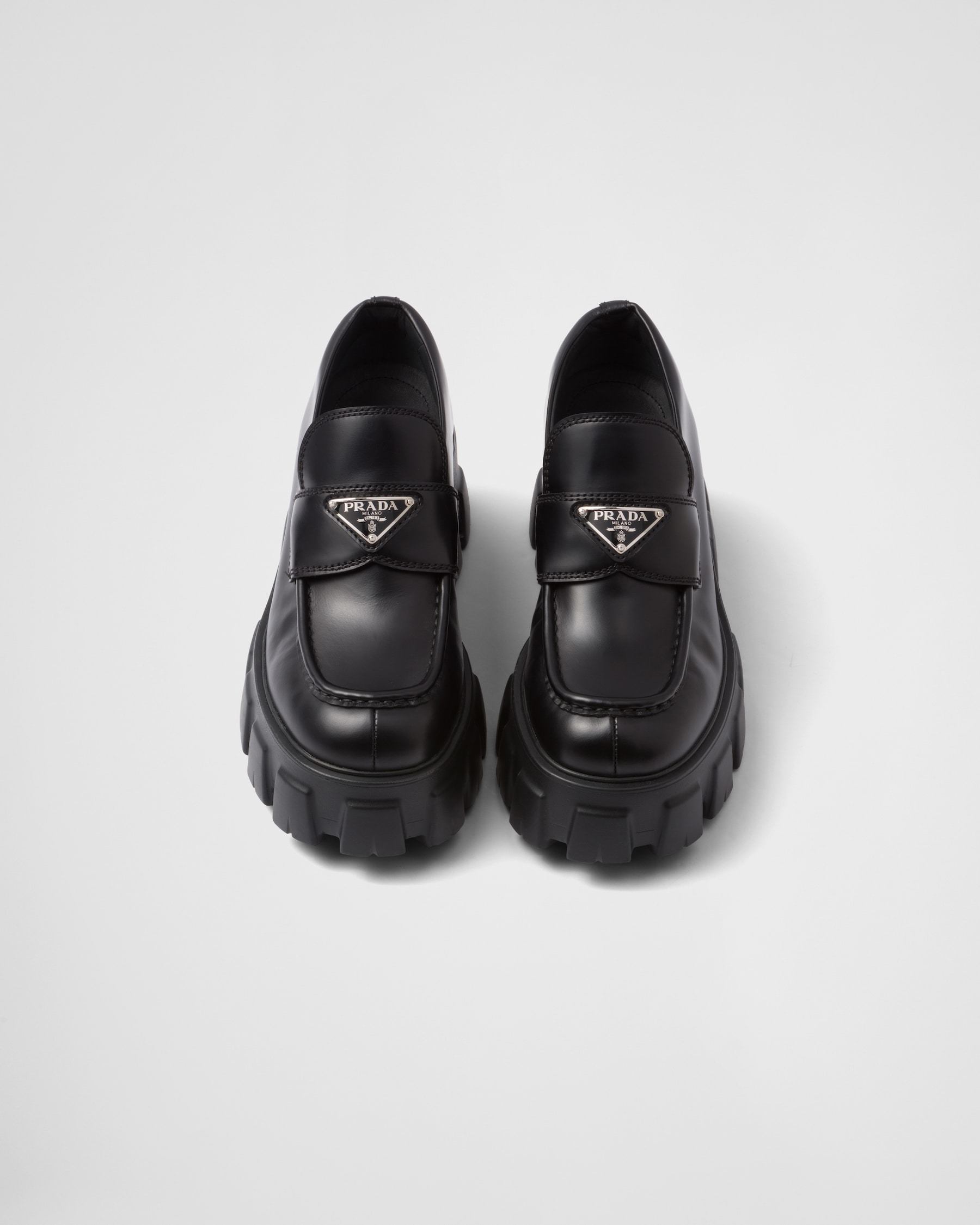 Black Brushed Leather Monolith Loafers | PRADA