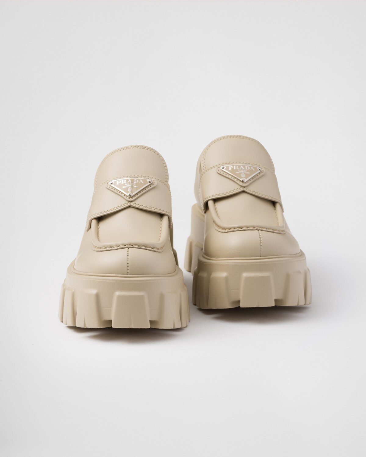 Desert Beige Brushed Leather Monolith Loafers | PRADA