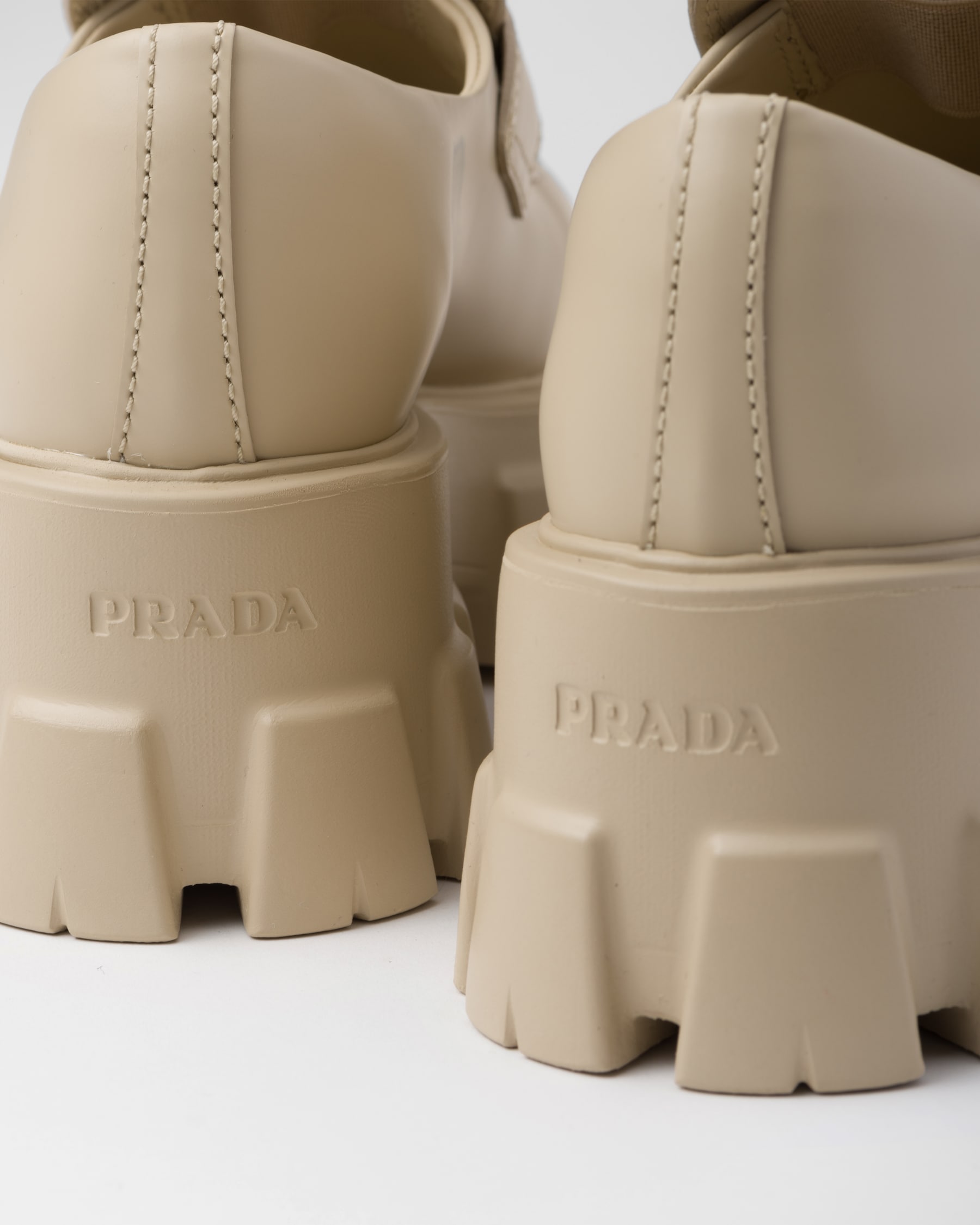 Desert Beige Brushed Leather Monolith Loafers | PRADA