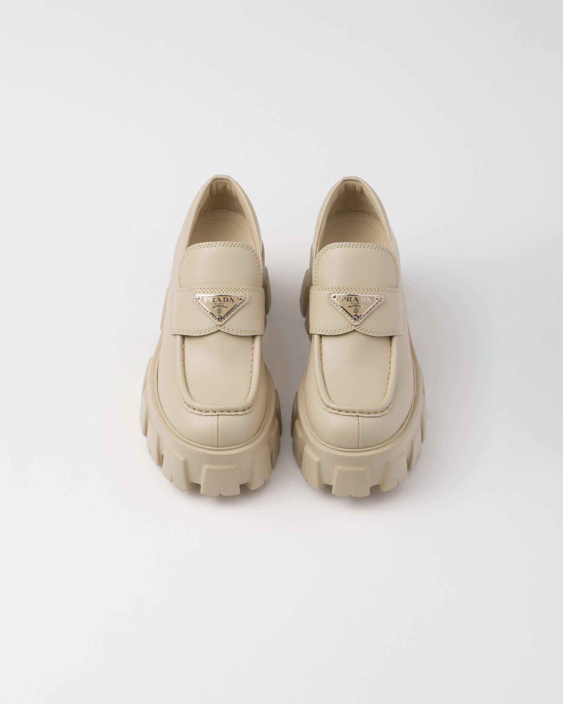 Desert Beige Brushed Leather Monolith Loafers | PRADA