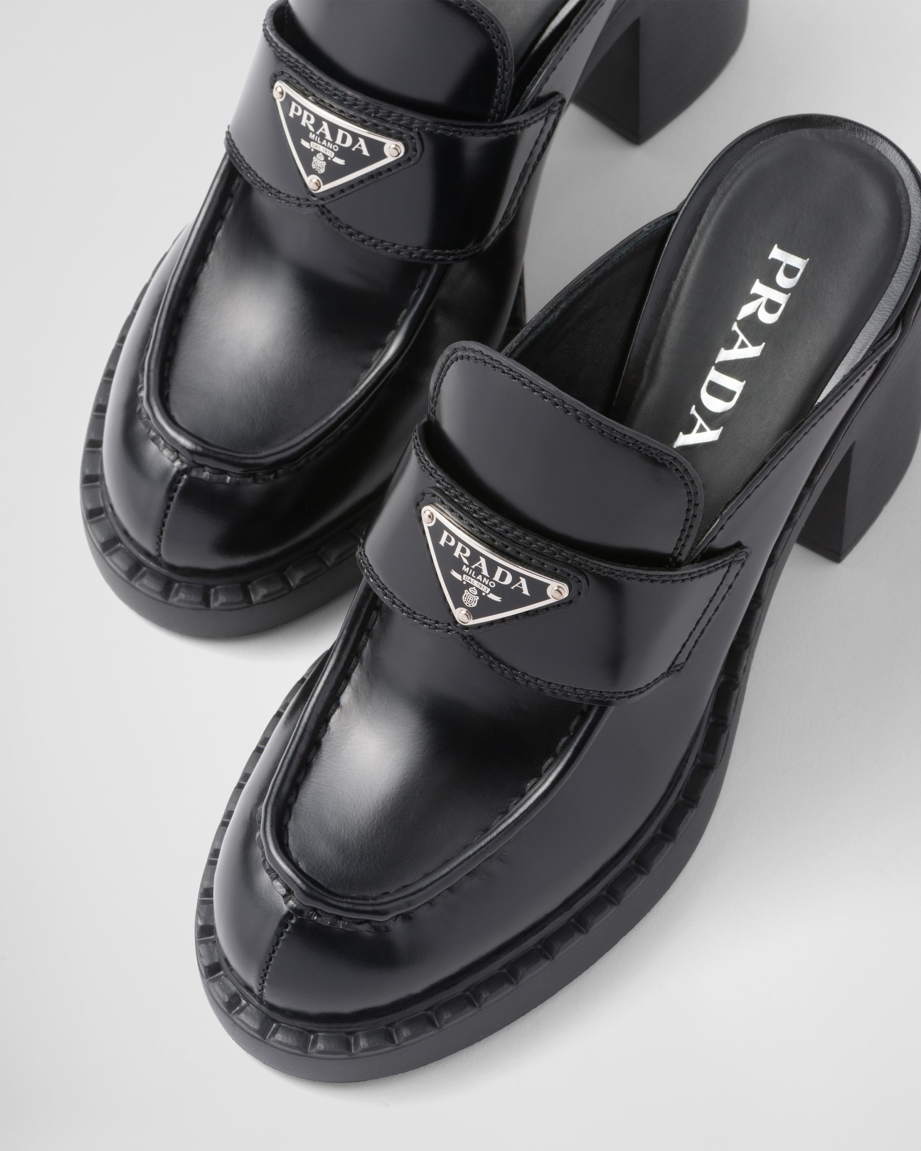 Black Chocolate Brushed Leather Mules | PRADA